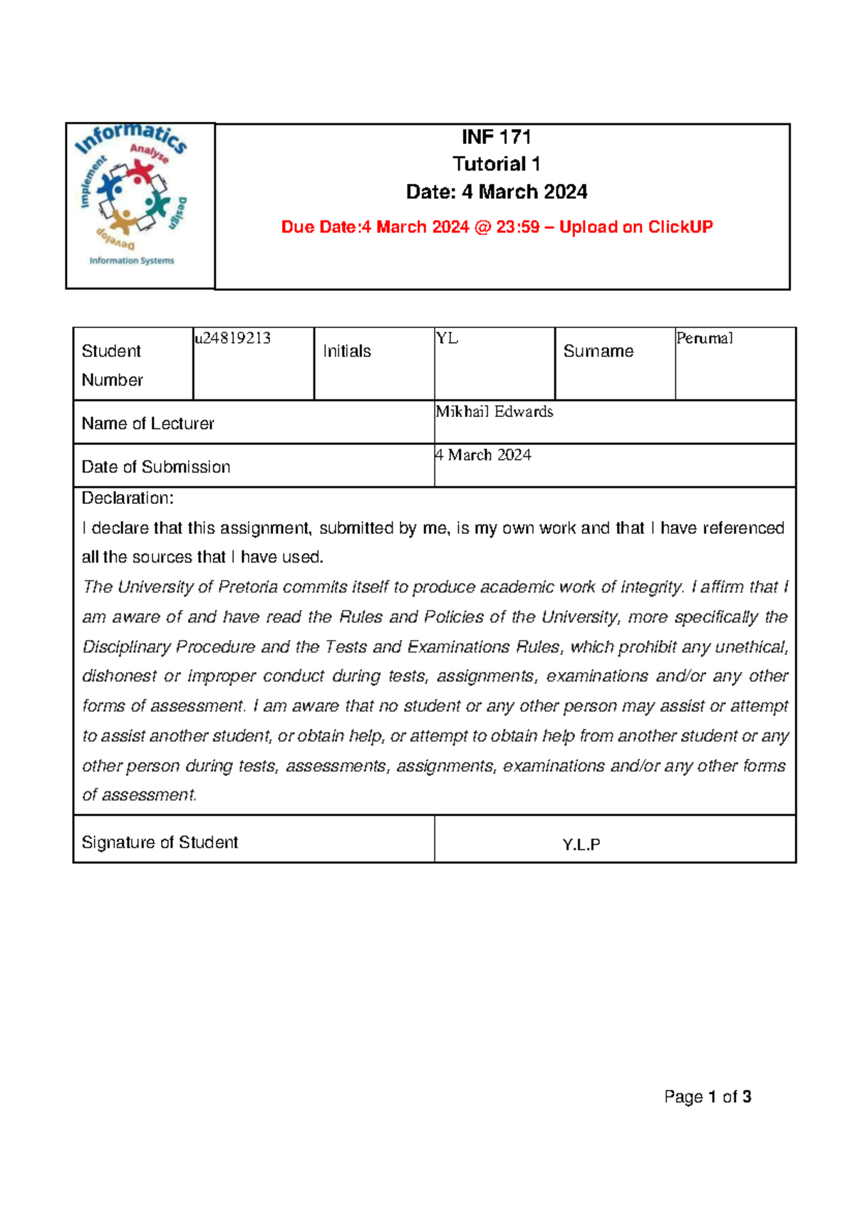 INF171 T1 - First Tutorial Practice Assignment - Student Number u ...