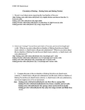 Baking II Worksheet - CHM 108 Hendrickson **Chemistry of Baking 3 Yeast ** Indicate which recipe ...
