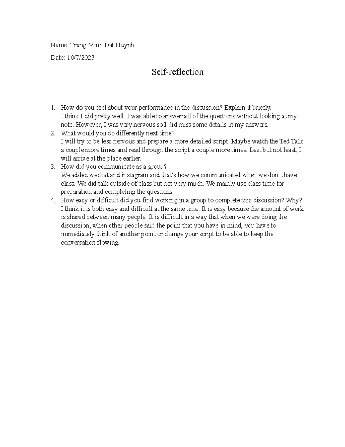 Self reflection - Name: Trang Minh Dat Huynh Date: 10/7/ Self ...