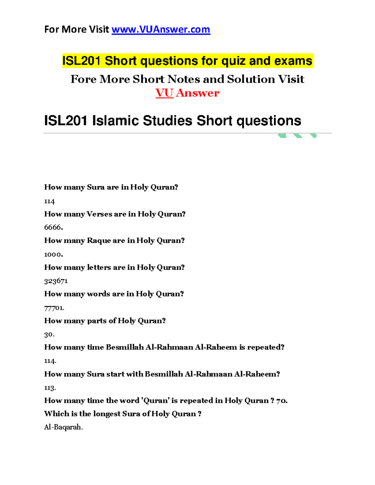 ISL201 Short Notes MCQs (VUAnswer - ISL201 Short questions for quiz and ...