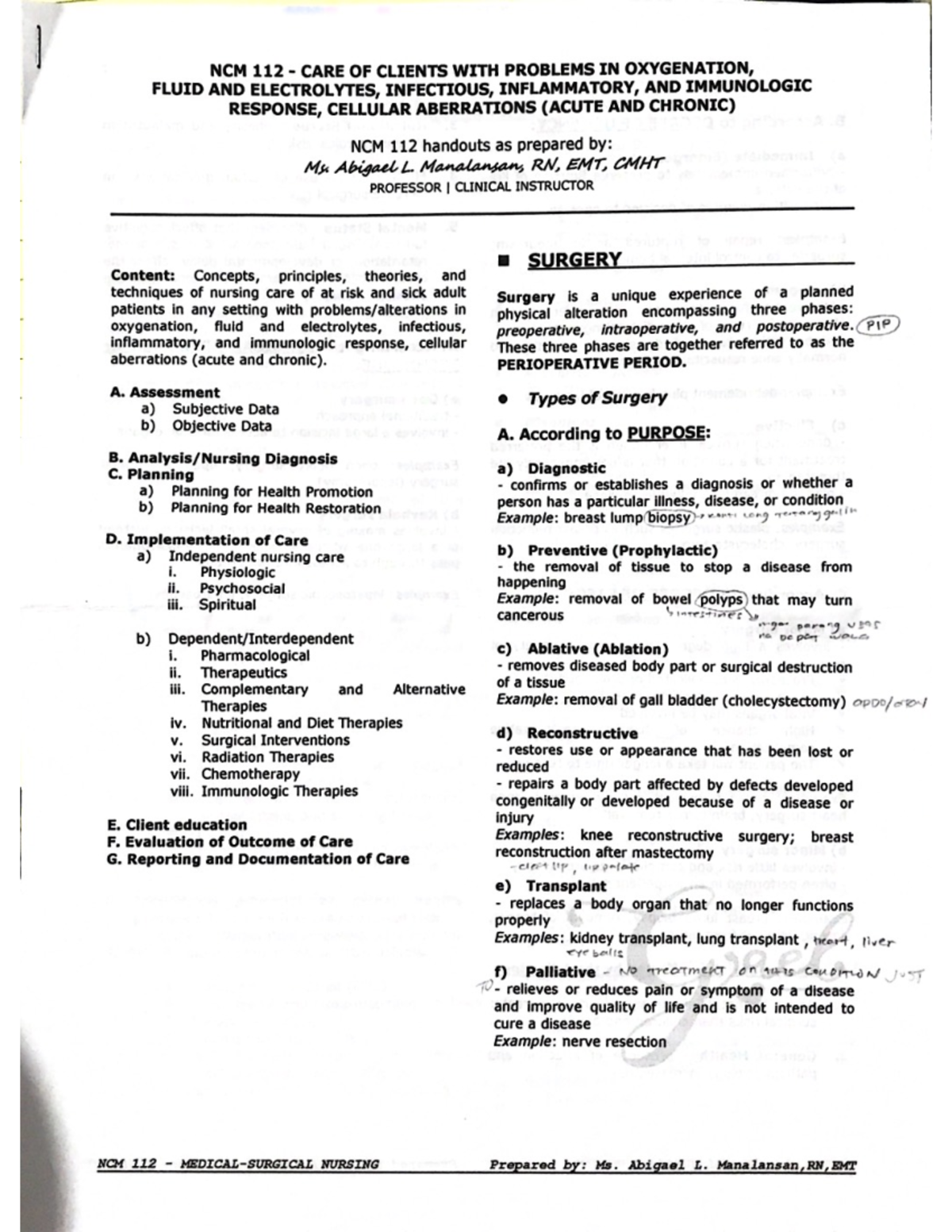 NCM112- Med Surg 0 - pls do take note - NCM 112 CARE OF CLIENTS WITH ...
