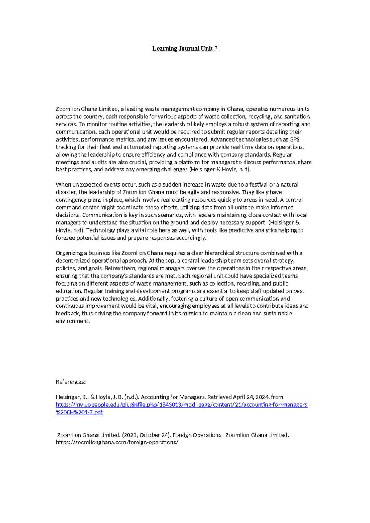 Learning Journal Unit 7 MA - Learning Journal Unit 7 Zoomlion Ghana Limited, a leading waste ...