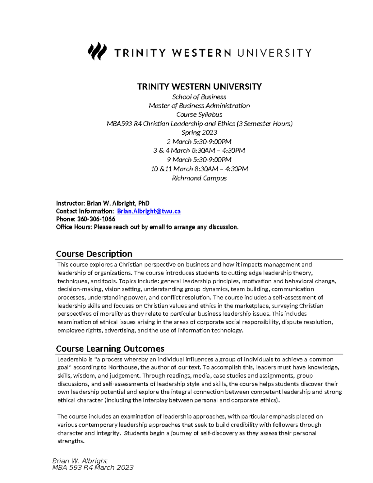MBA 593 Syllabus - Albright - Brian W. Albright TRINITY WESTERN ...