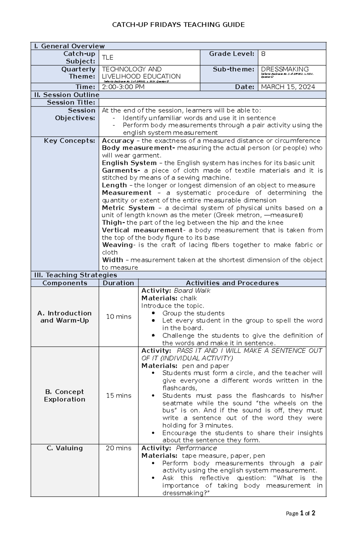 Catch Up Friday(03-15-24) - CATCH-UP FRIDAYS TEACHING GUIDE I. General ...