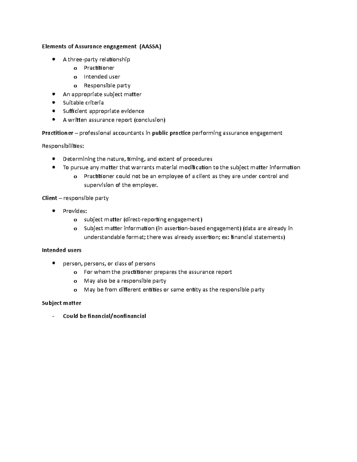Auditing theory reviewer - Elements of Assurance engagement (AASSA) A ...