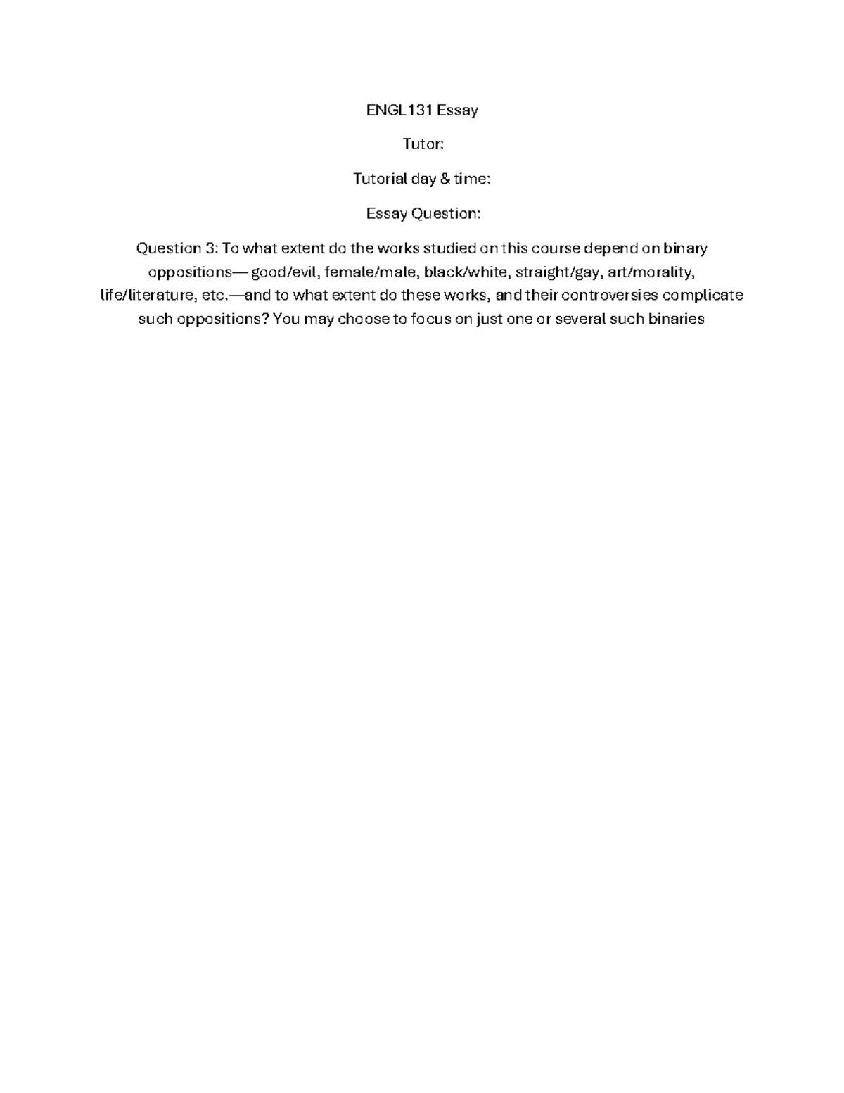 ENGL 131 Essay - 80/100 grade - ENGL131 Essay Tutor: Tutorial day ...