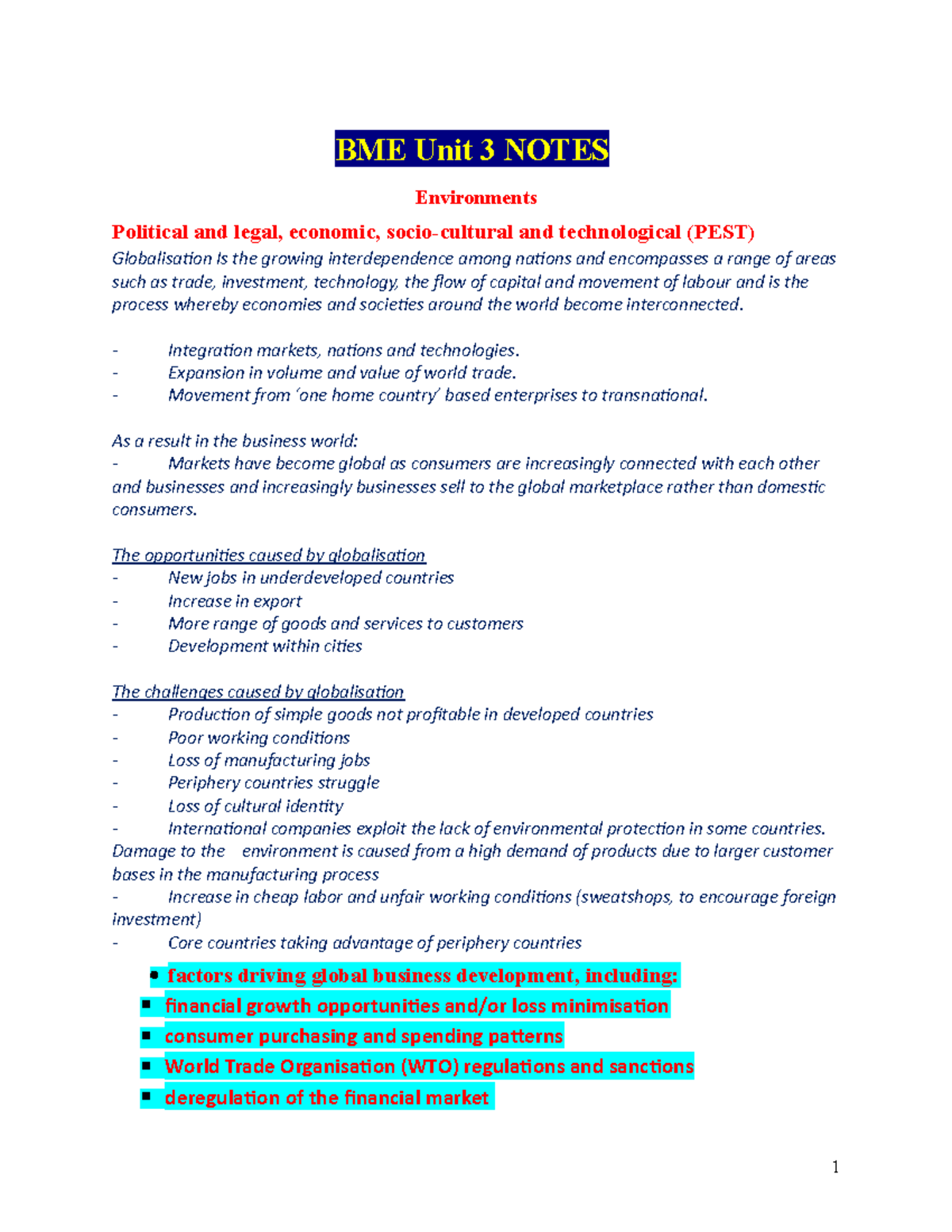 BME notes- Year 12 Unit - BME Unit 3 NOTES Environments Political and ...