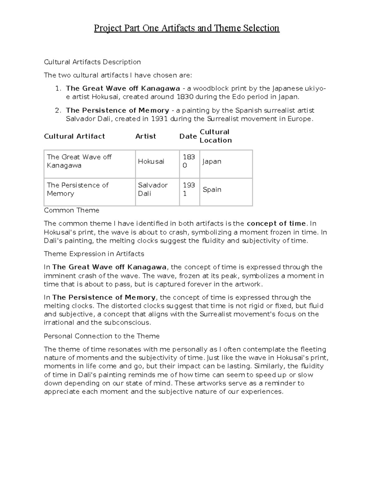 Project Part One Artifacts and Theme Selection - Cultural Artifacts ...