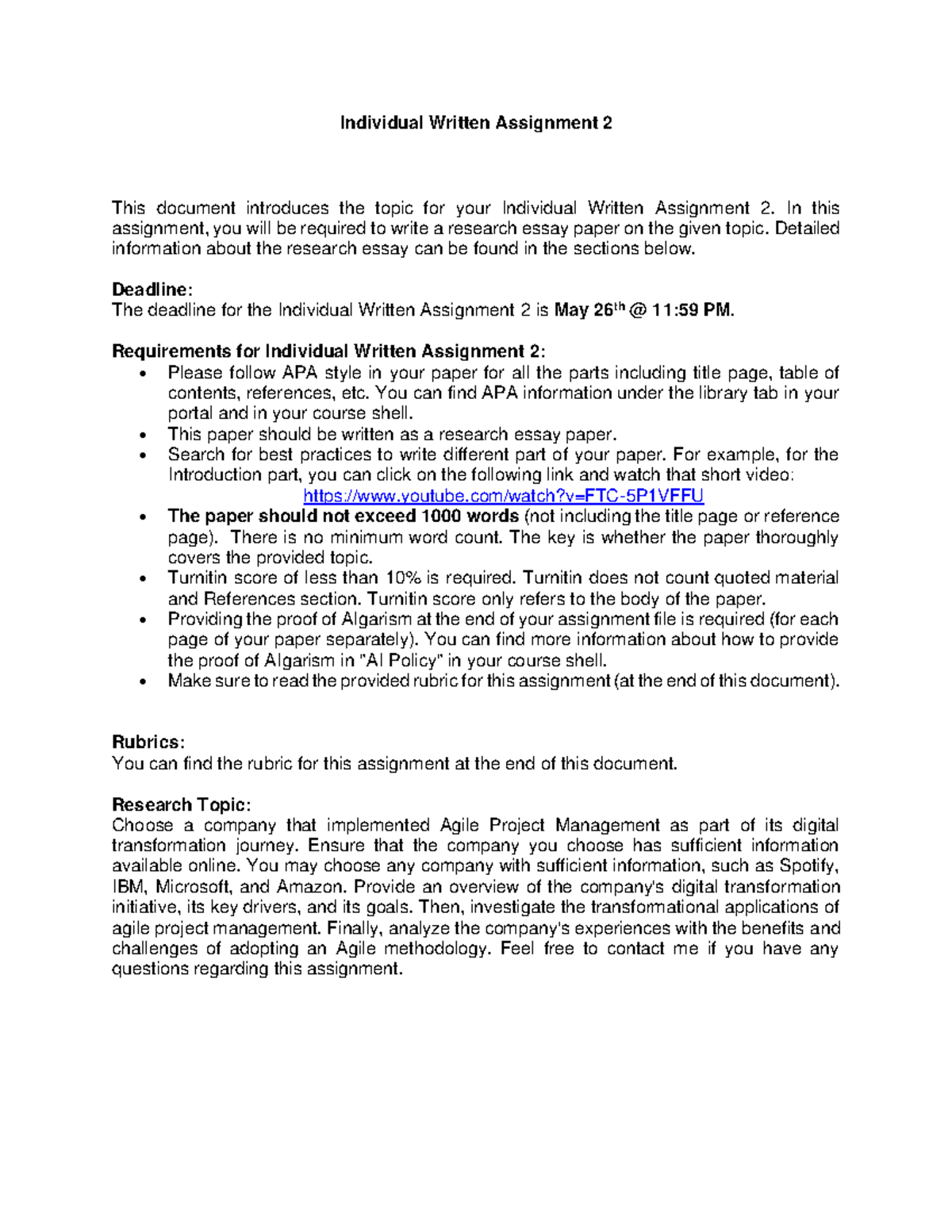 Individual Written Assignment 2 (Topic and Rubric) - Individual Written Assignment 2 This ...