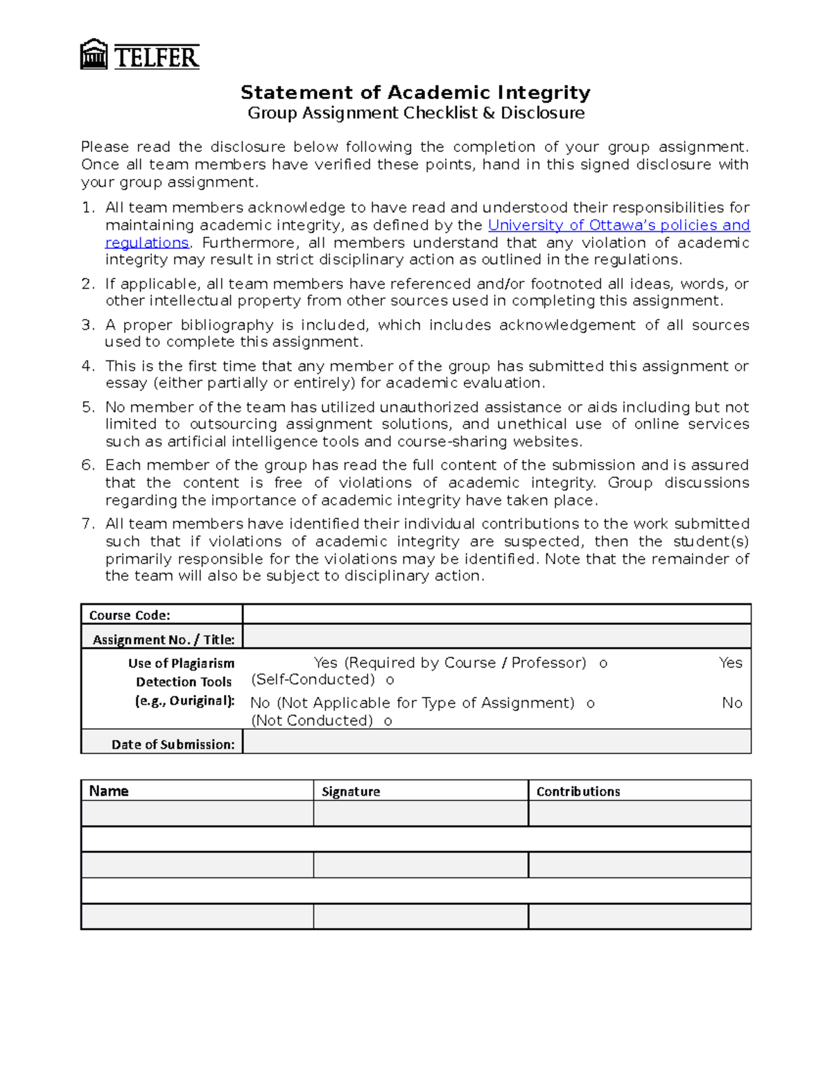 Personal ethics statement - each team member must complete - Statement ...