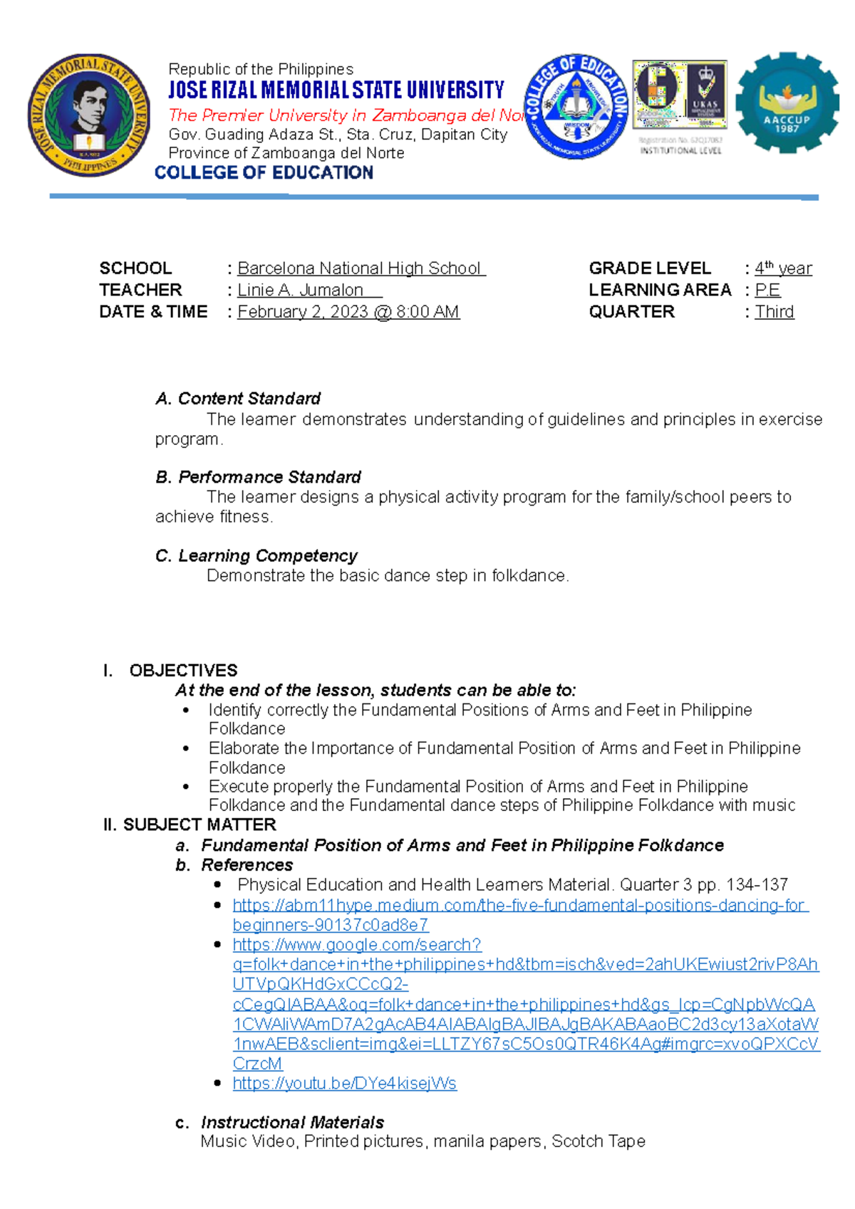 Fundamental Dance STEP IN ARMS AND FET IN FOLK Dance - Republic of the ...