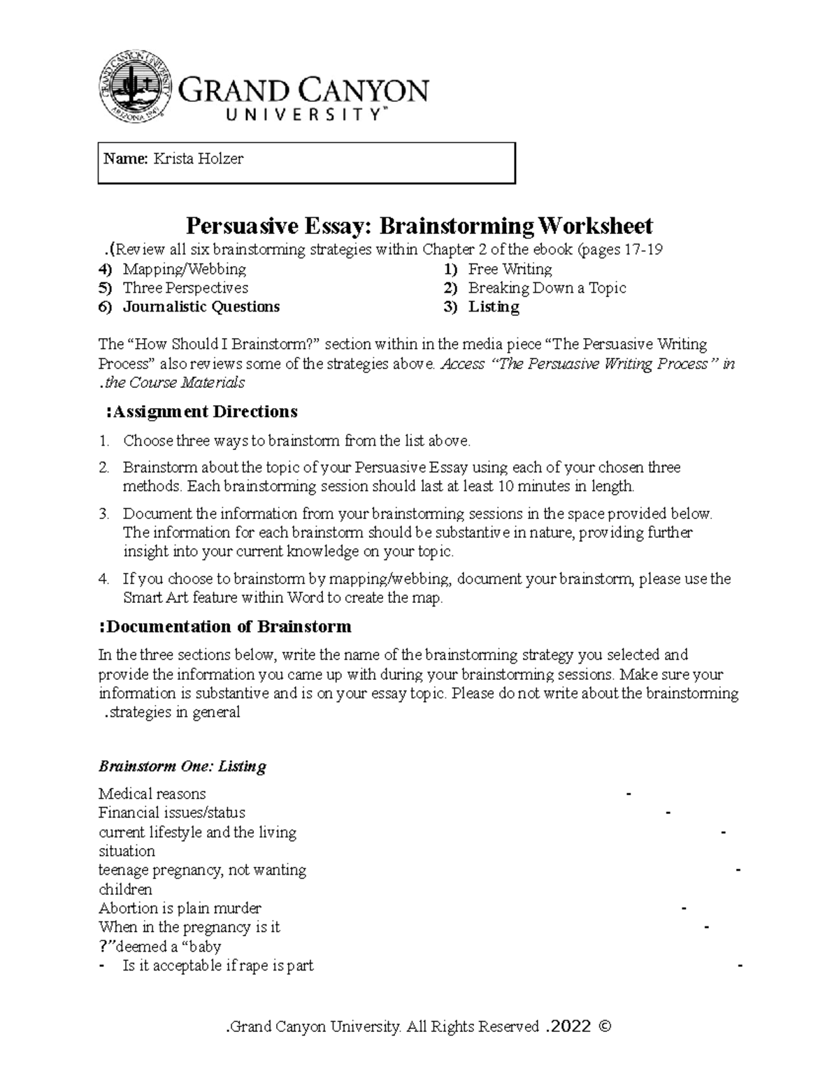 PHI105 T2 Brainstorming Worksheet - Name: Krista Holzer Persuasive ...