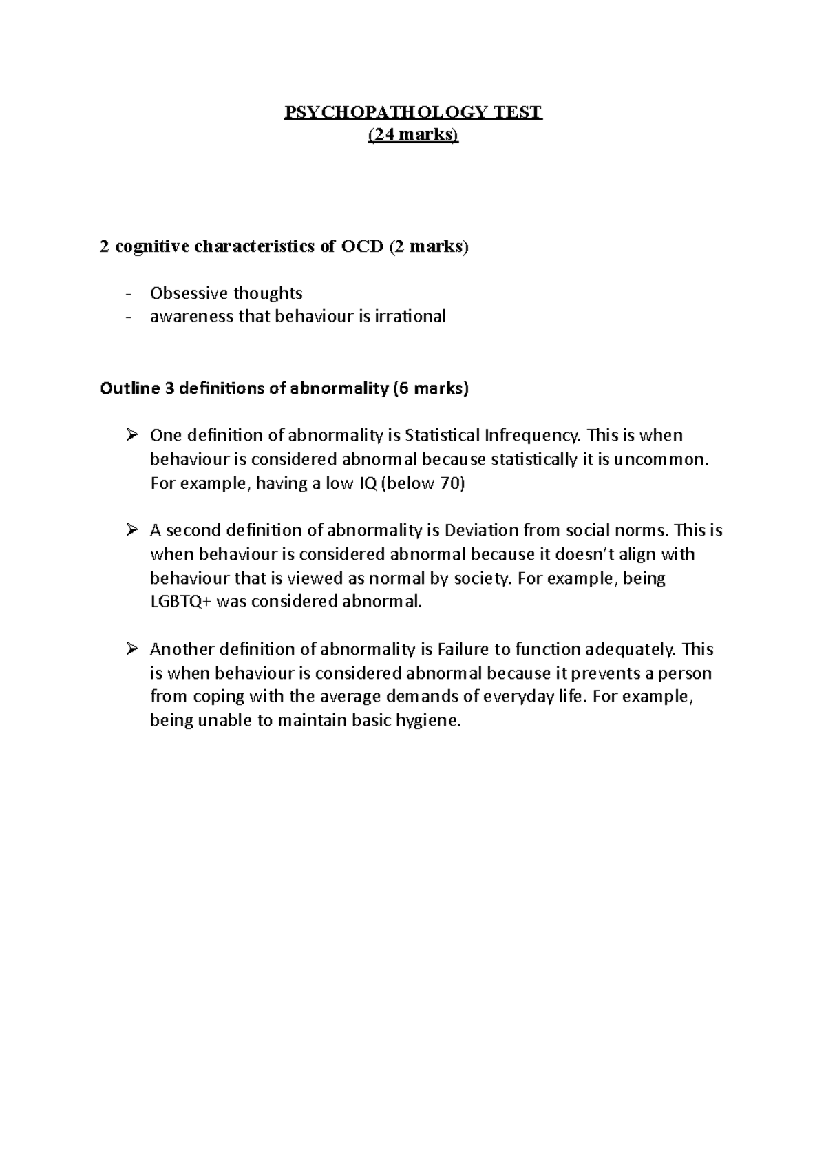 Psychopathology practice questions - PSYCHOPATHOLOGY TEST (24 marks) 2 ...