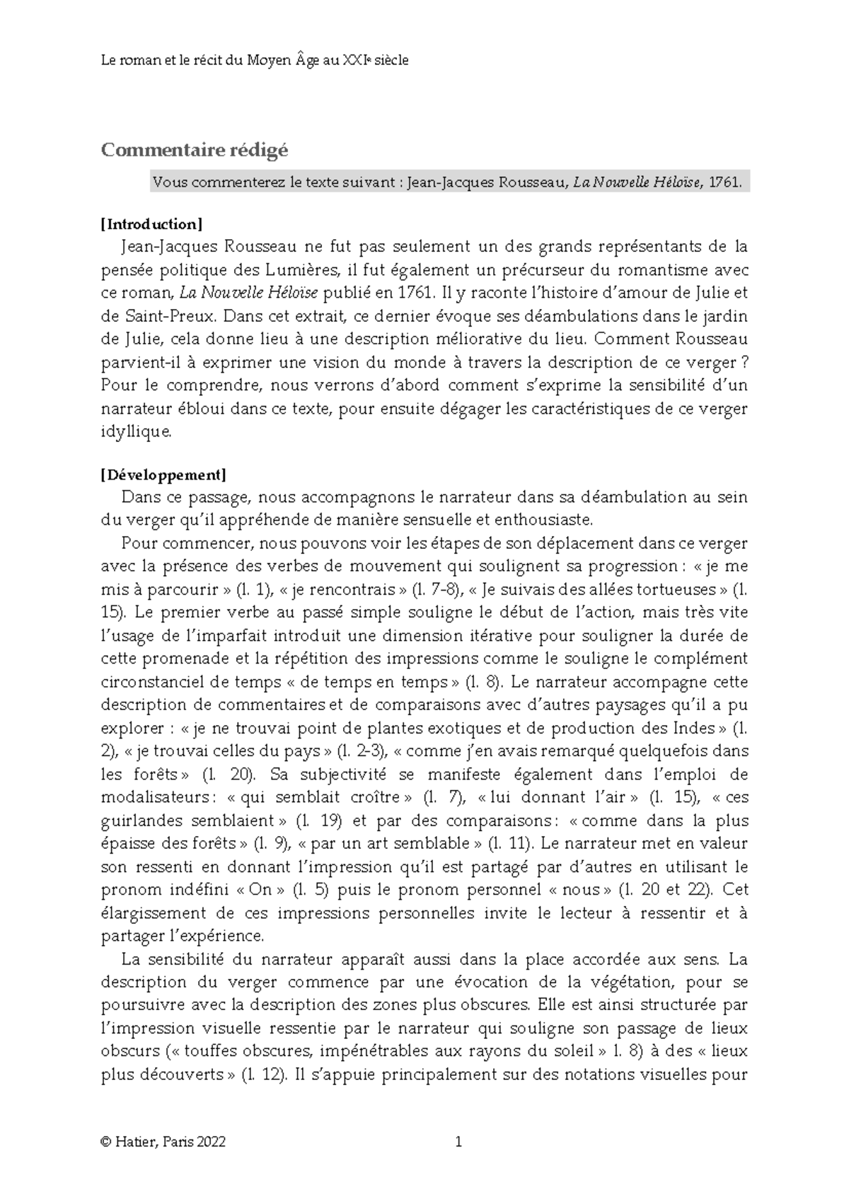 Analyse linéaire Rousseau-La Nouvelle Héloïse-le jardin de Julie - Commentaire rédigé Vous - Studocu