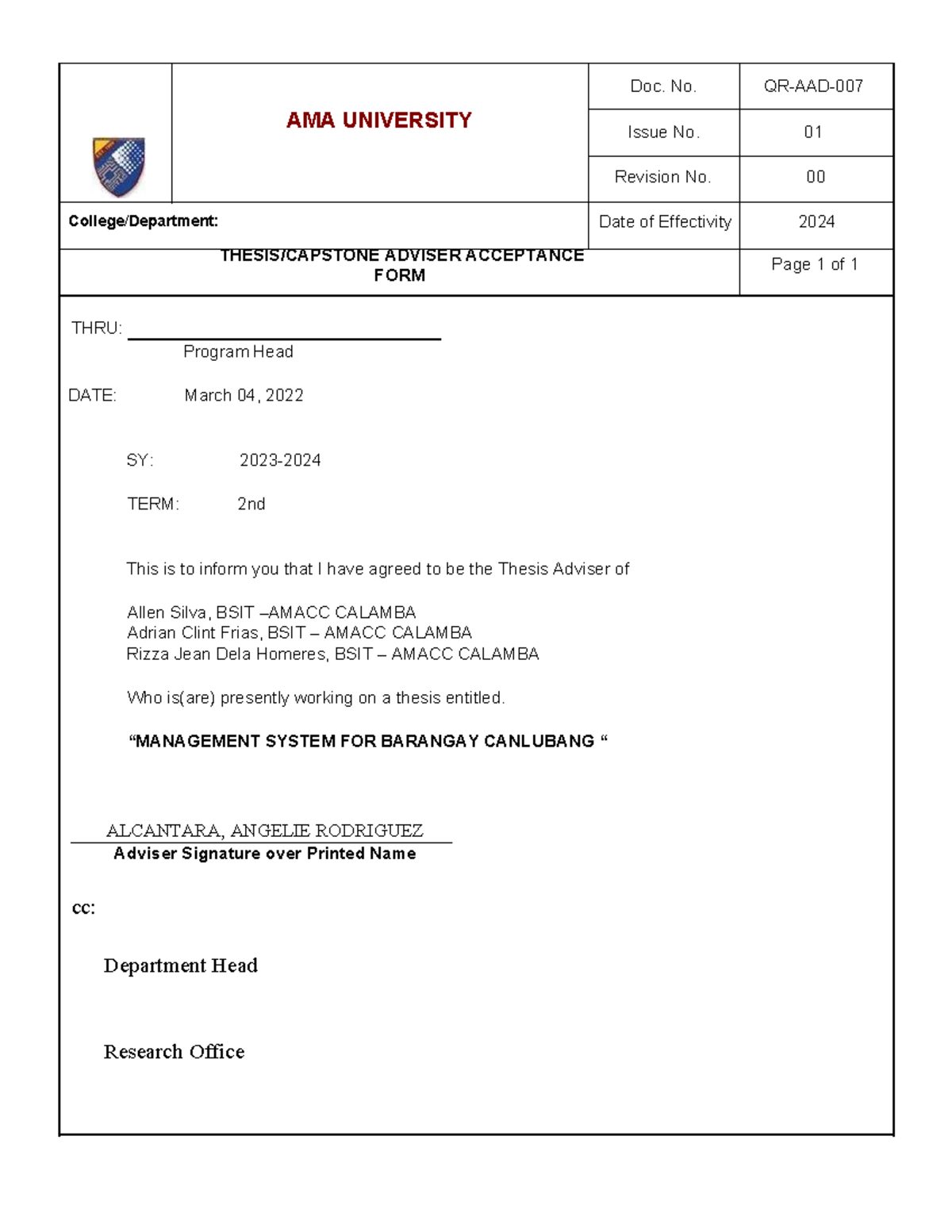 Adviser-FORM - diko alam kung kanino to - AMA UNIVERSITY Doc. No. QR ...