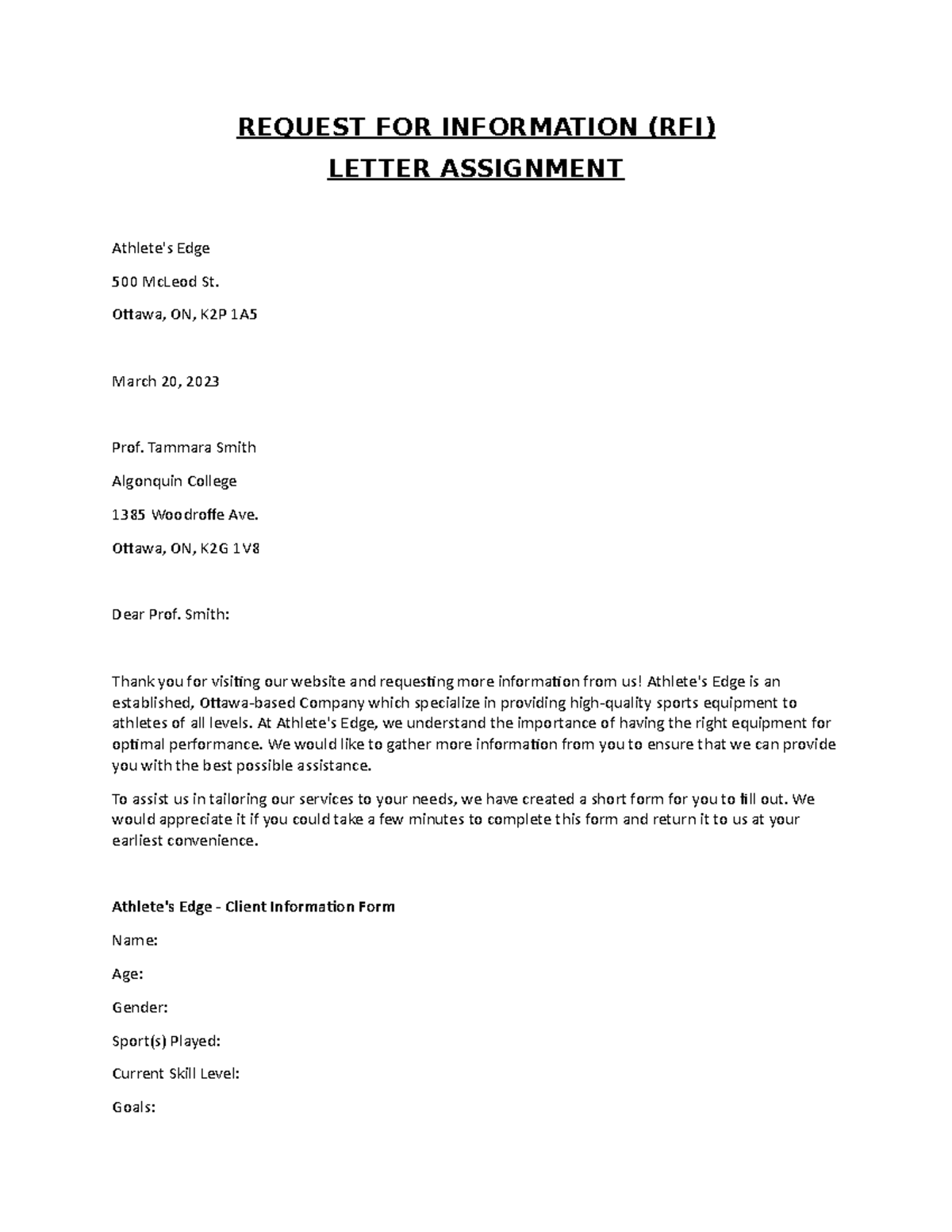 RFI Assignment - REQUEST FOR INFORMATION (RFI) LETTER ASSIGNMENT ...