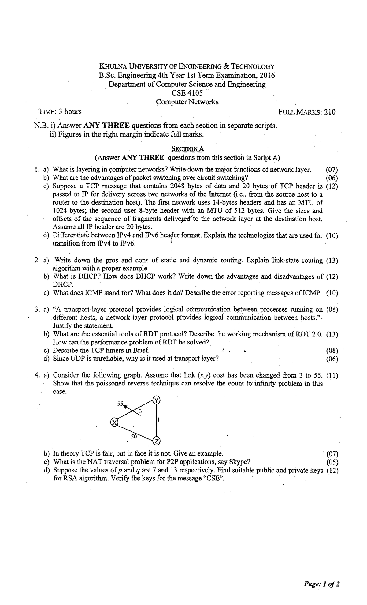 B.Sc. Engineering 4th Year 1st Term Regular Examination, 2016 - TIME: 3 ...