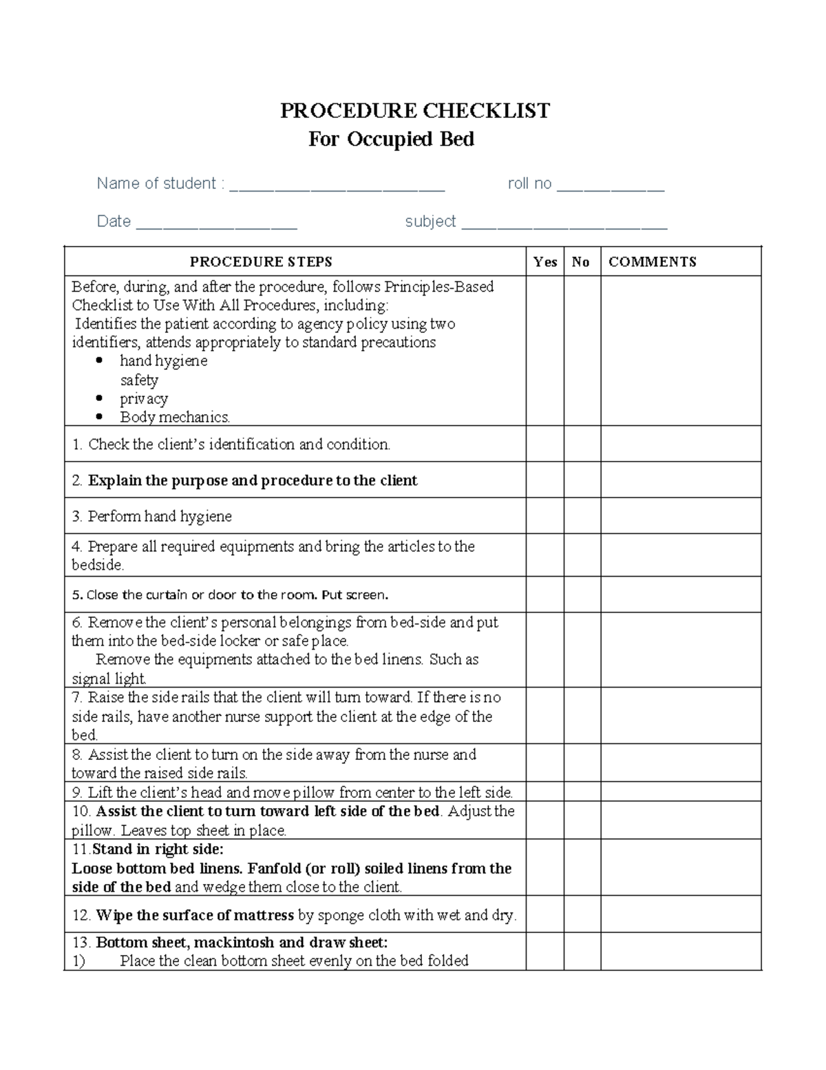 Checklist of Occupied Bed - PROCEDURE CHECKLIST For Occupied Bed Name ...