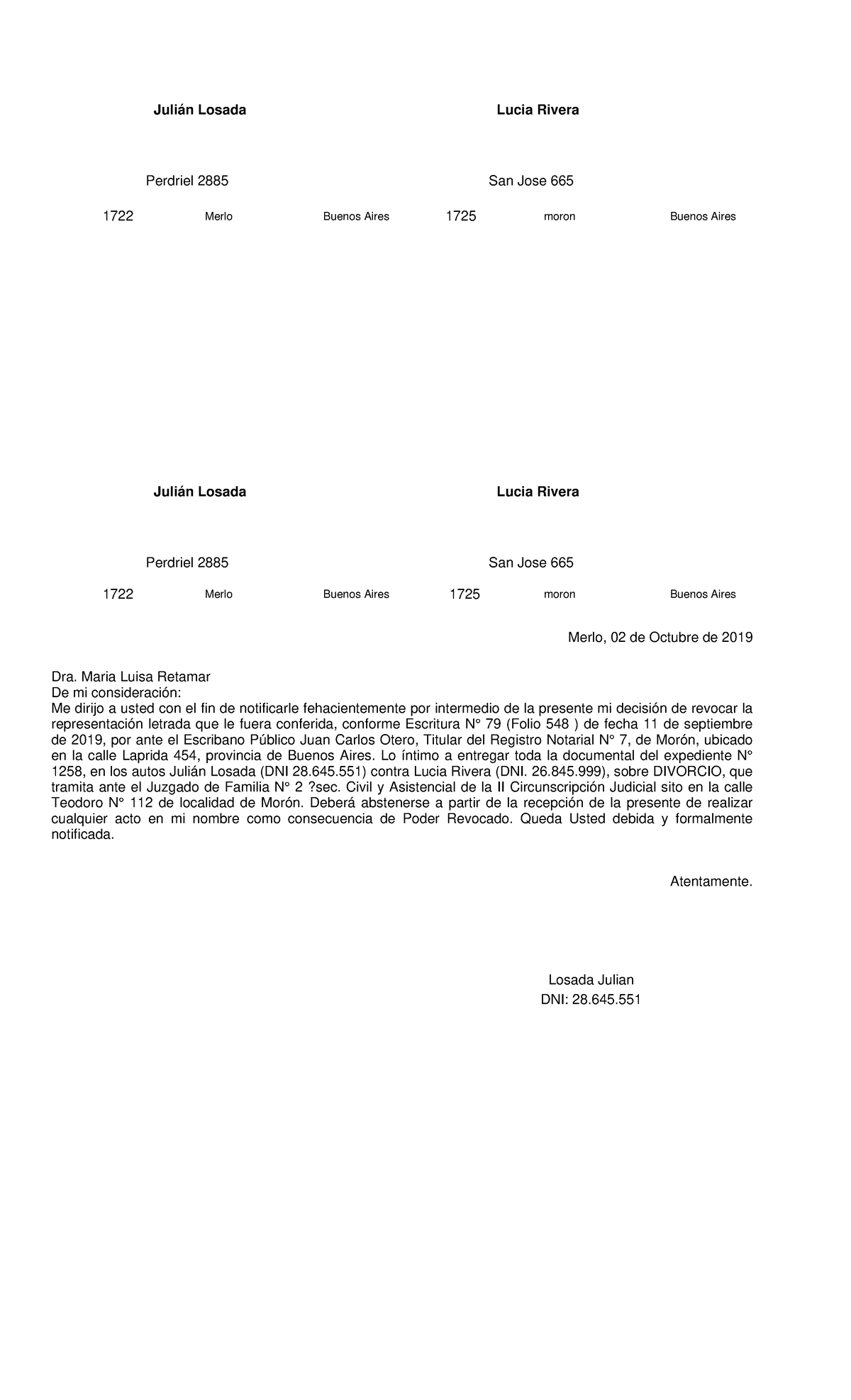 Modelo de Carta Documento - Julián Losada Perdriel 2885 1722 Merlo ...