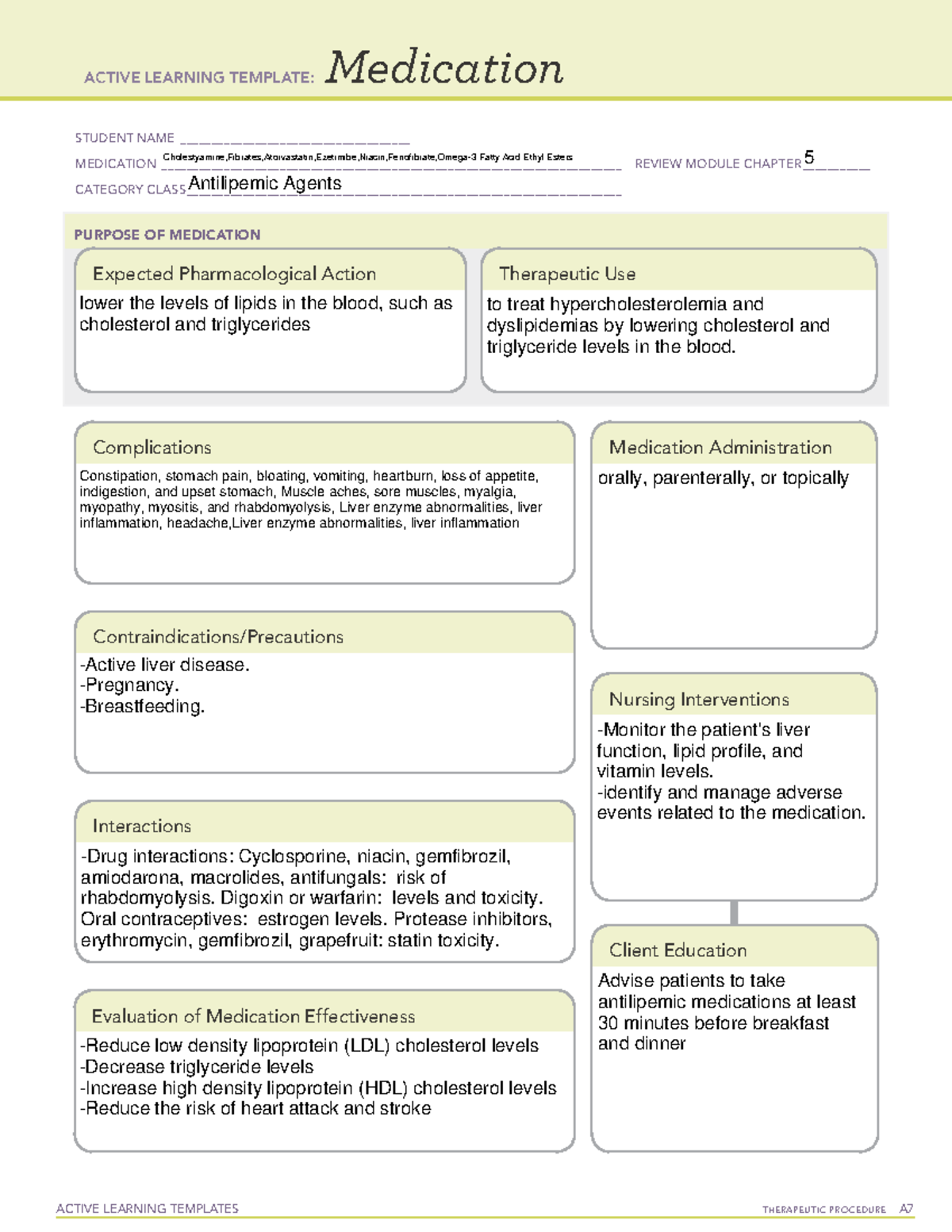 Antilipemic Agents - ACTIVE LEARNING TEMPLATES TherapeuTic procedure A ...