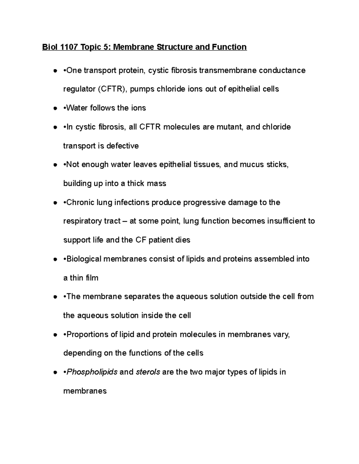 Biol 1107 Topic 5 Membrane Structure and Function - Biol 1107 Topic 5 ...