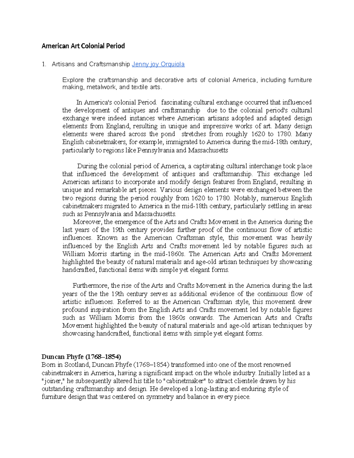 American Art Colonial Period - Artisans and Craftsmanship Jenny joy ...