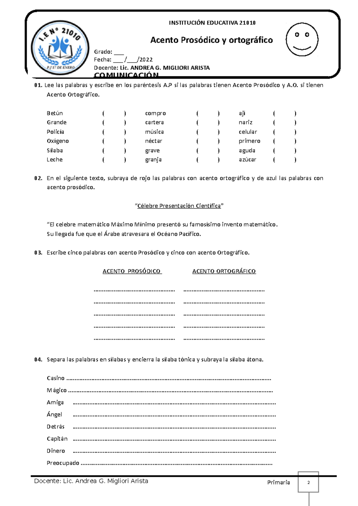 Acento prosodico y ortografico - 2 Institución Educativa 21010 01. Lee ...