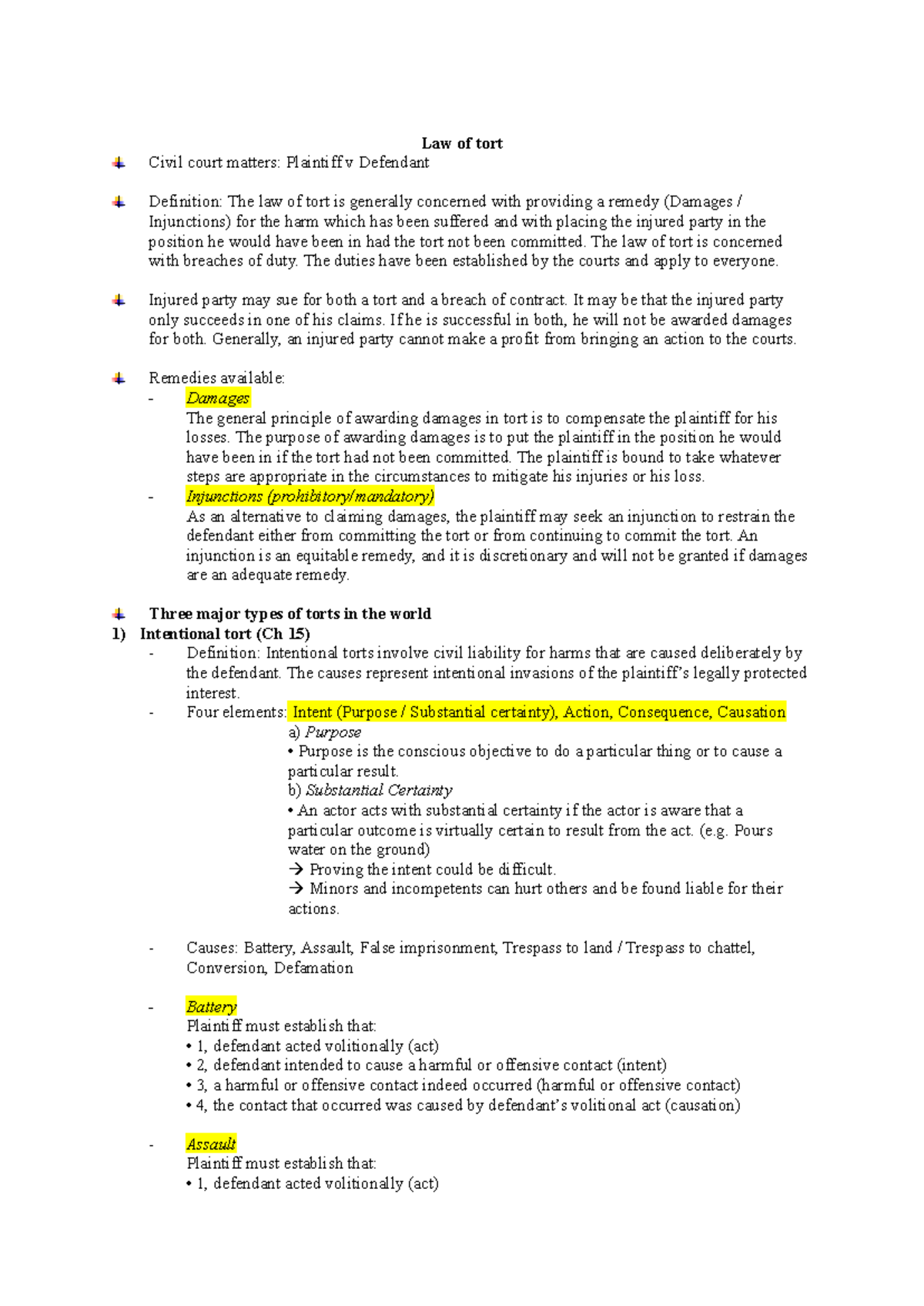 ACCT3610 Final Review Notes - Law of tort Civil court matters ...