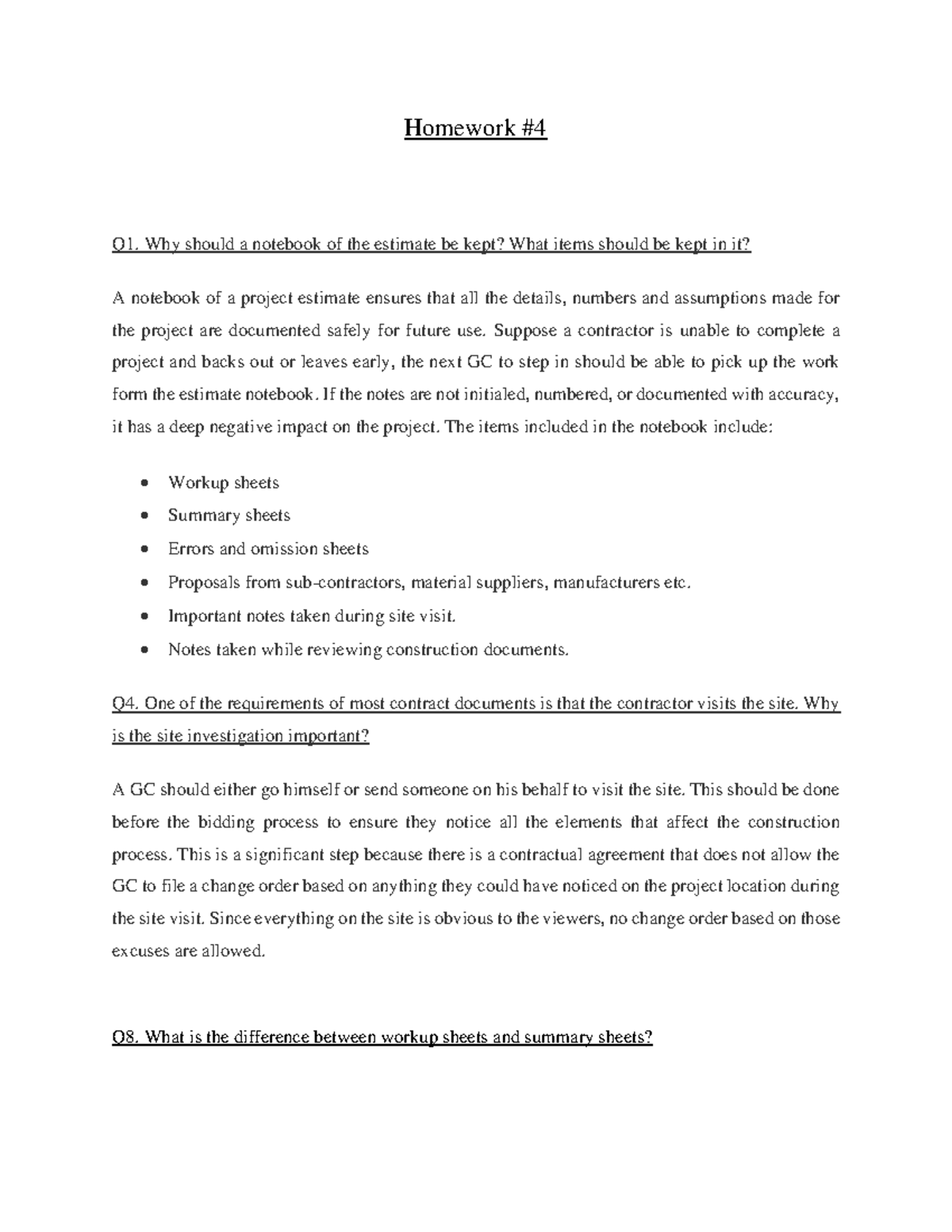 Cost estimation homework 4 - Homework Q1. Why should a notebook of the ...