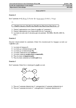 Chapitre 3 : Automate d’Etats Finis AEF - 1 Exemple 4 Langage reconnu 4 ...