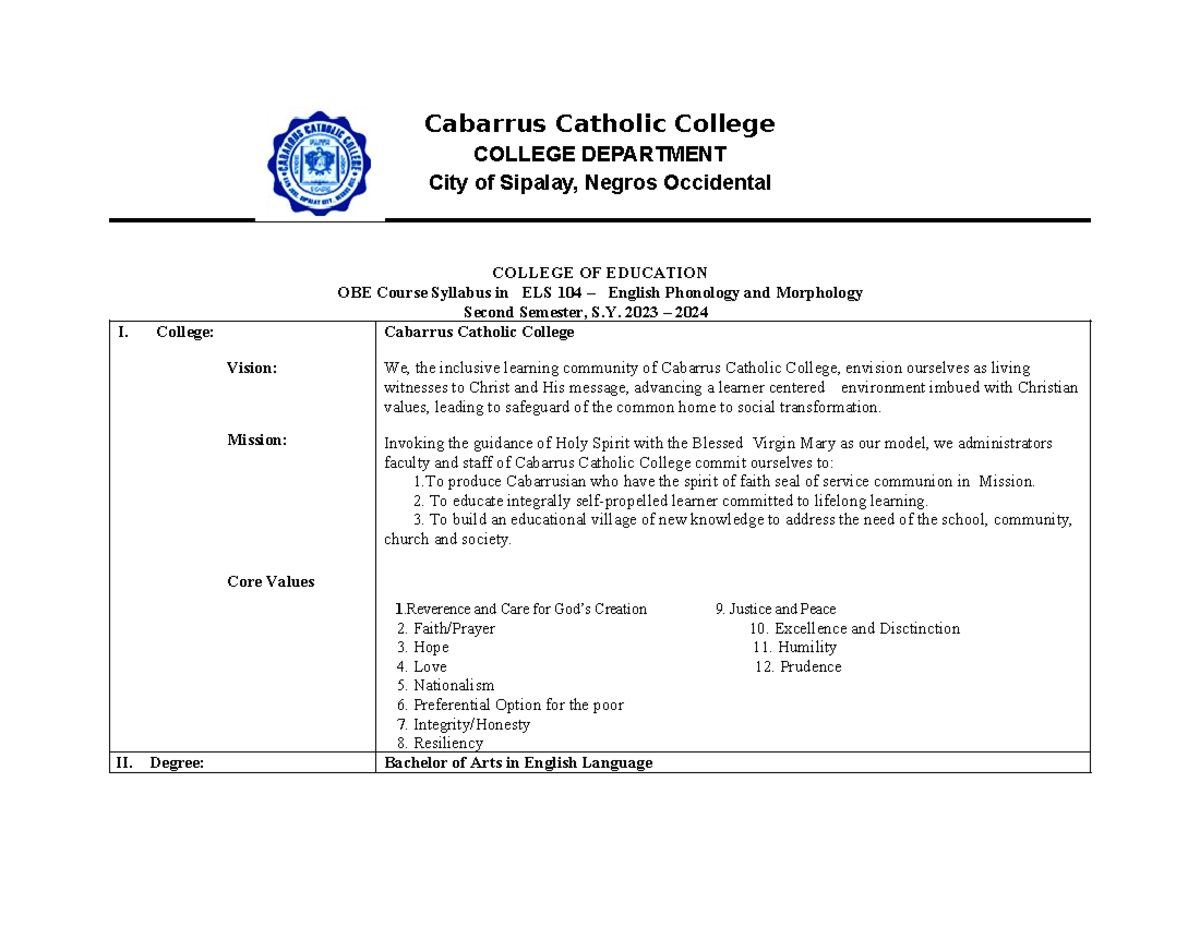 Syllabus For ELS 104 - Cabarrus Catholic College COLLEGE DEPARTMENT ...
