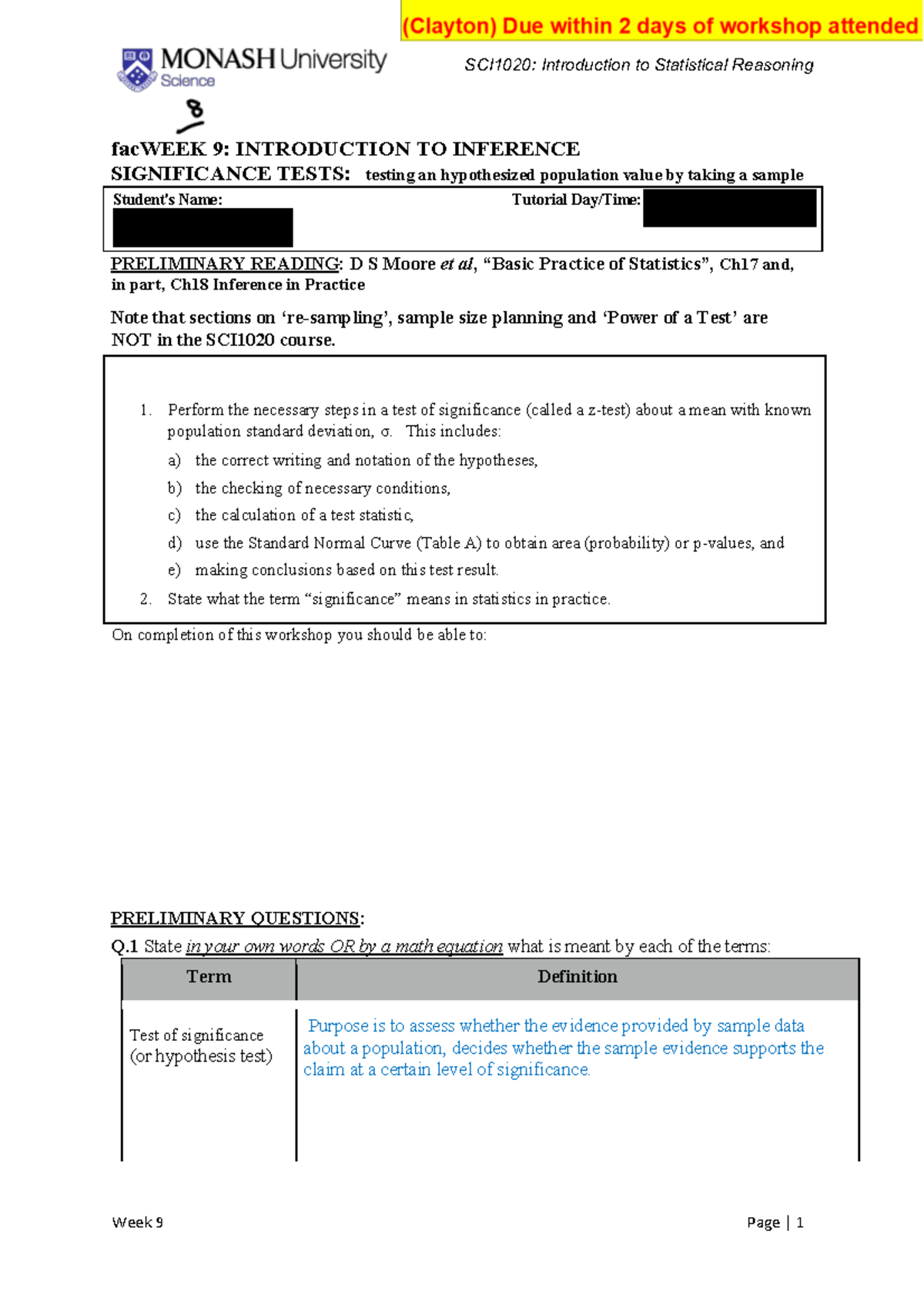 Week 8 worksheet sci 1020 - fac WEEK 9: INTRODUCTION TO INFERENCE ...