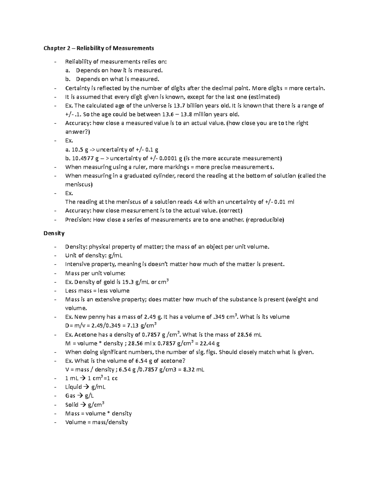 Chem 1211 Chapter 2 Notes - Chapter 2 – Reliability of Measurements ...