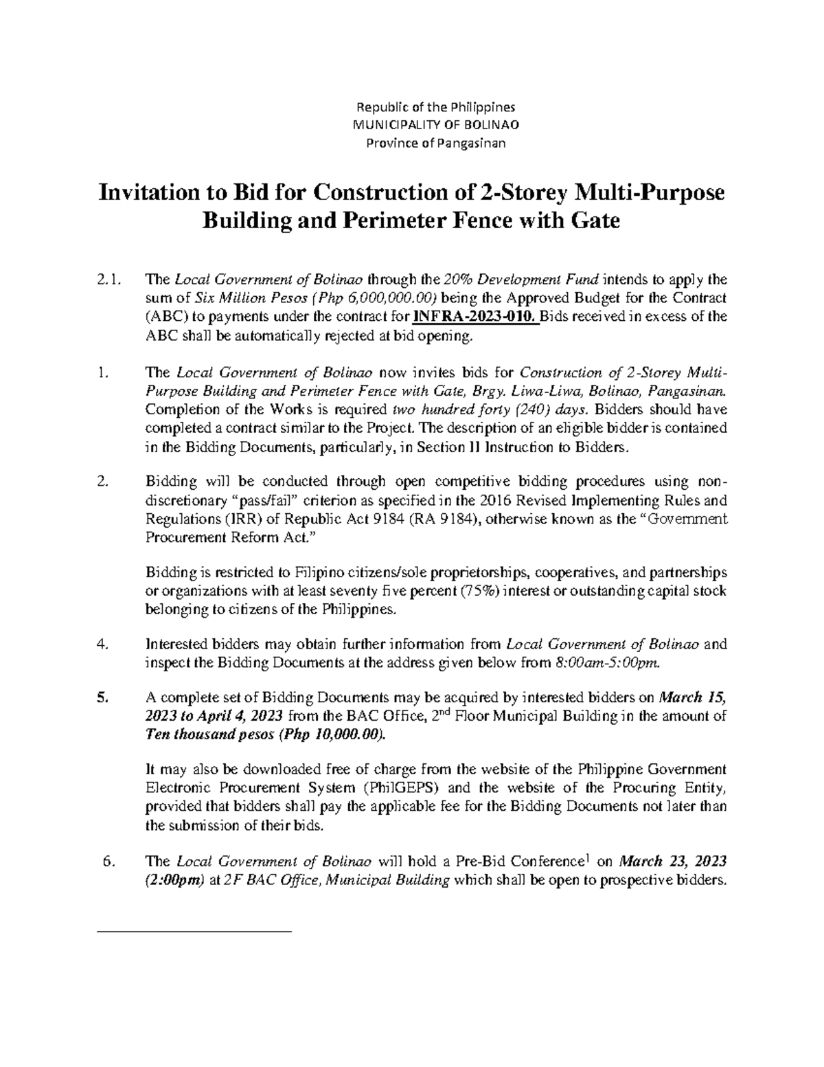 Invitation to Bid Construction of 2 Storey Multi Purpose Building and ...