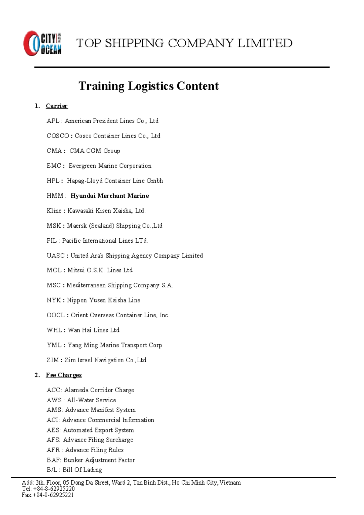 Basic business knowledge - Training Logistics Content 1. Carrier APL ...
