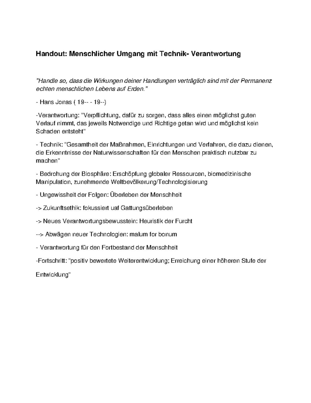 Jonas Verantwortung Handout - Warning: TT: undefined function: 32 Handout: Menschlicher Umgang ...