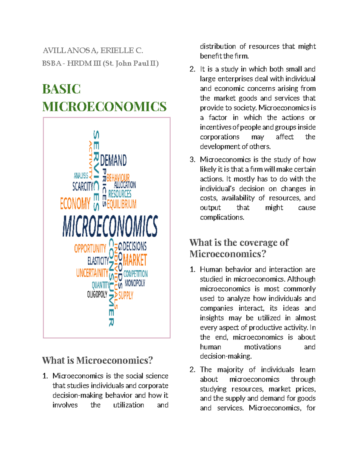 Intro to Basic Microeconomics - E.C.A - AVILLANOSA, ERIELLE C. BSBA ...