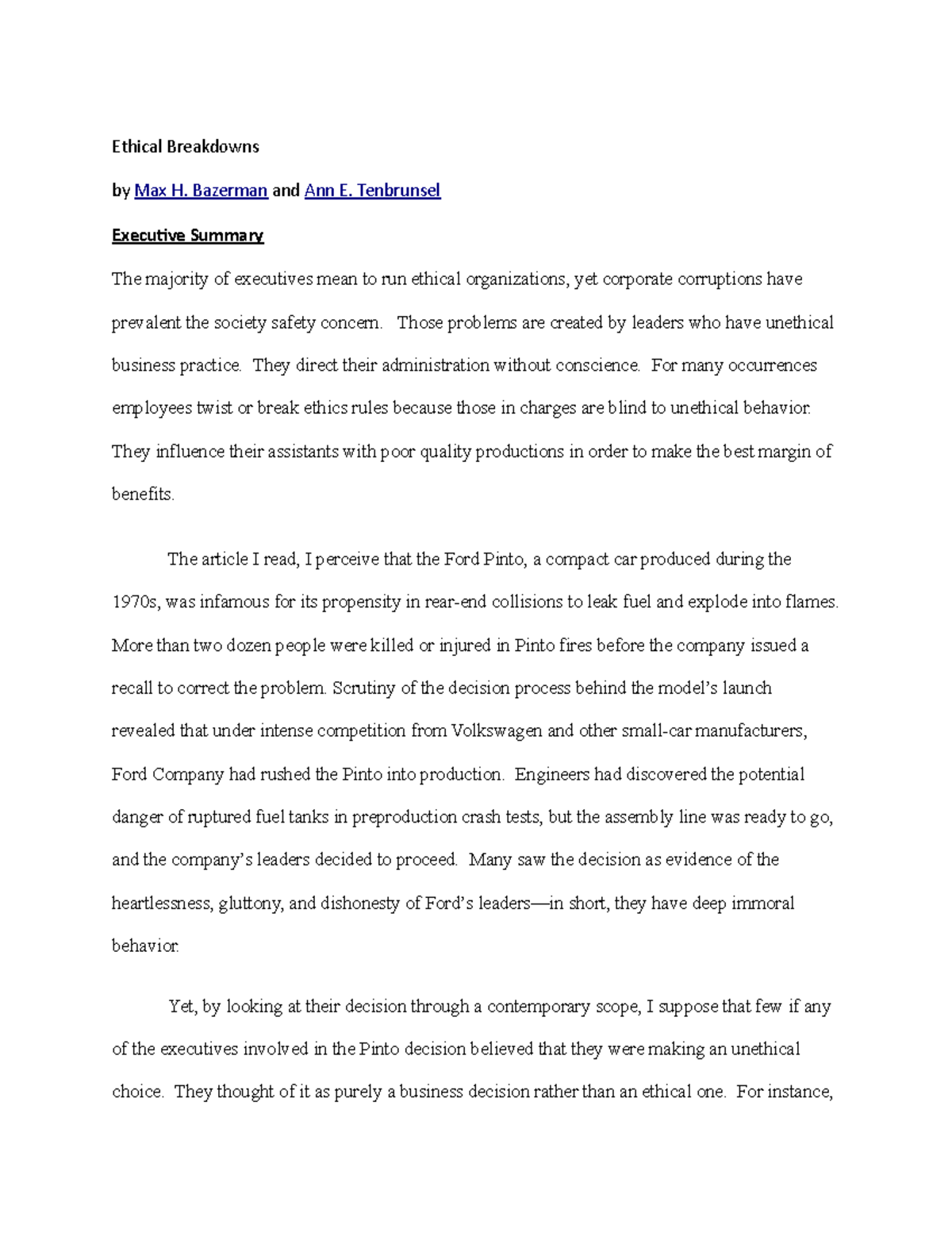 BA 374 Week 4 ISPA#1 -Ethical Breakdowns essay - Ethical Breakdowns by ...