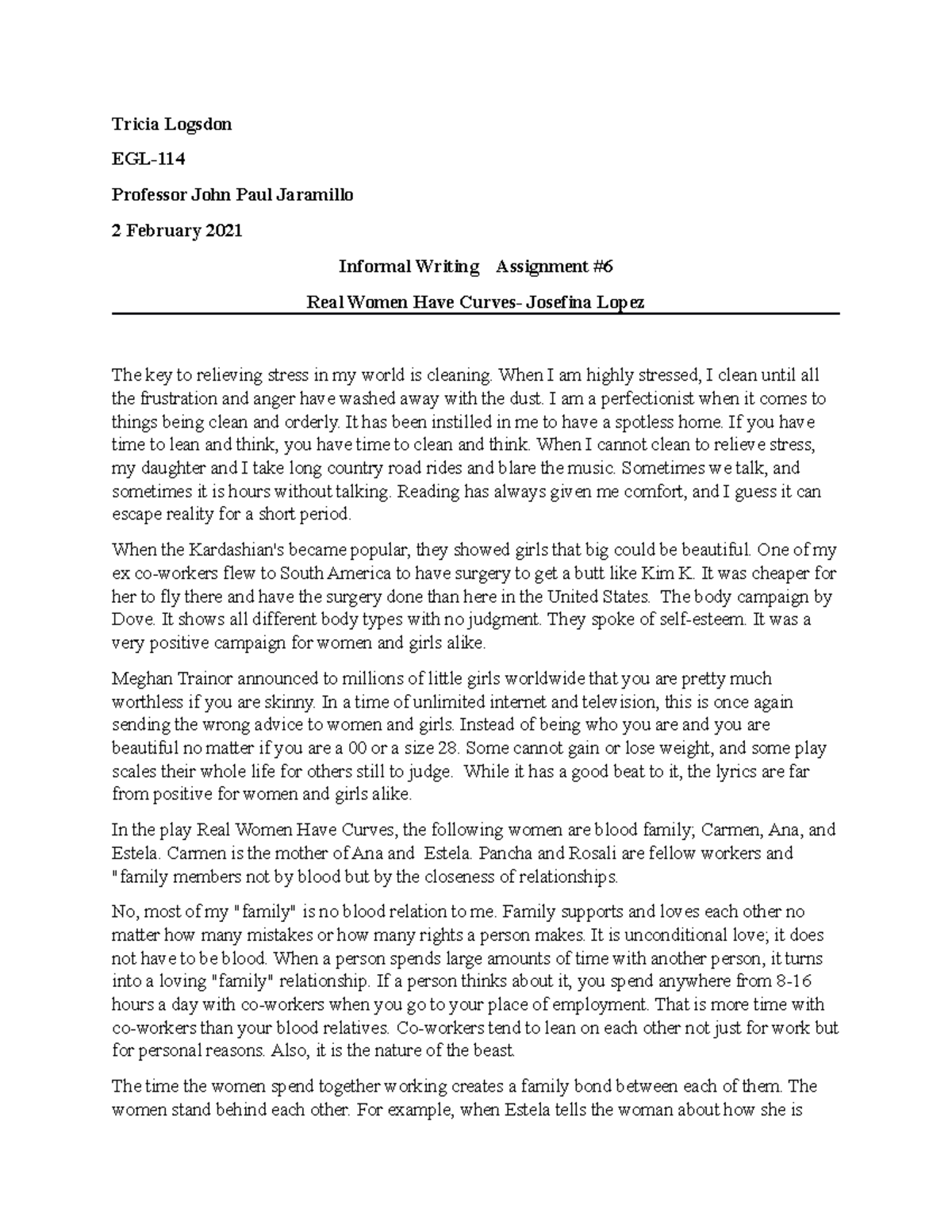 Tricia Logsdon Informal Assignment 6 Real Women Have Curves - Tricia Logsdon EGL- Professor John ...