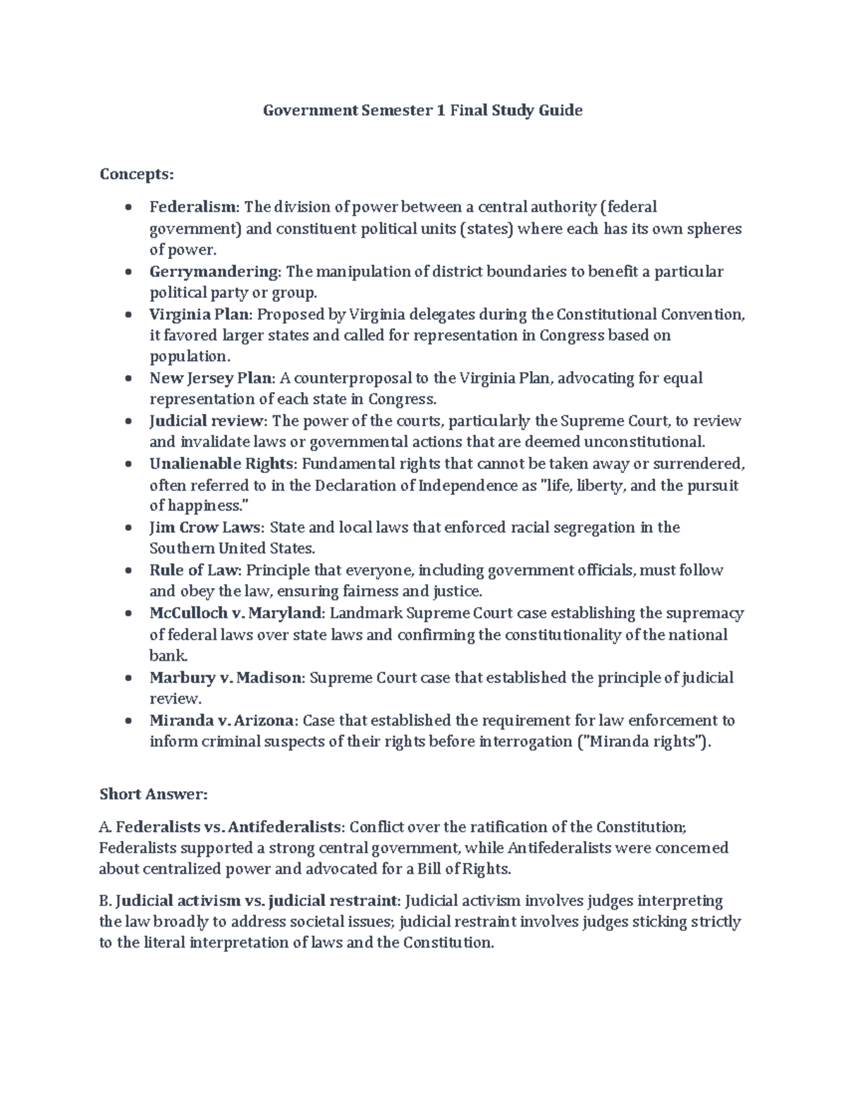Concepts - yfjh - Government Semester 1 Final Study Guide Concepts ...