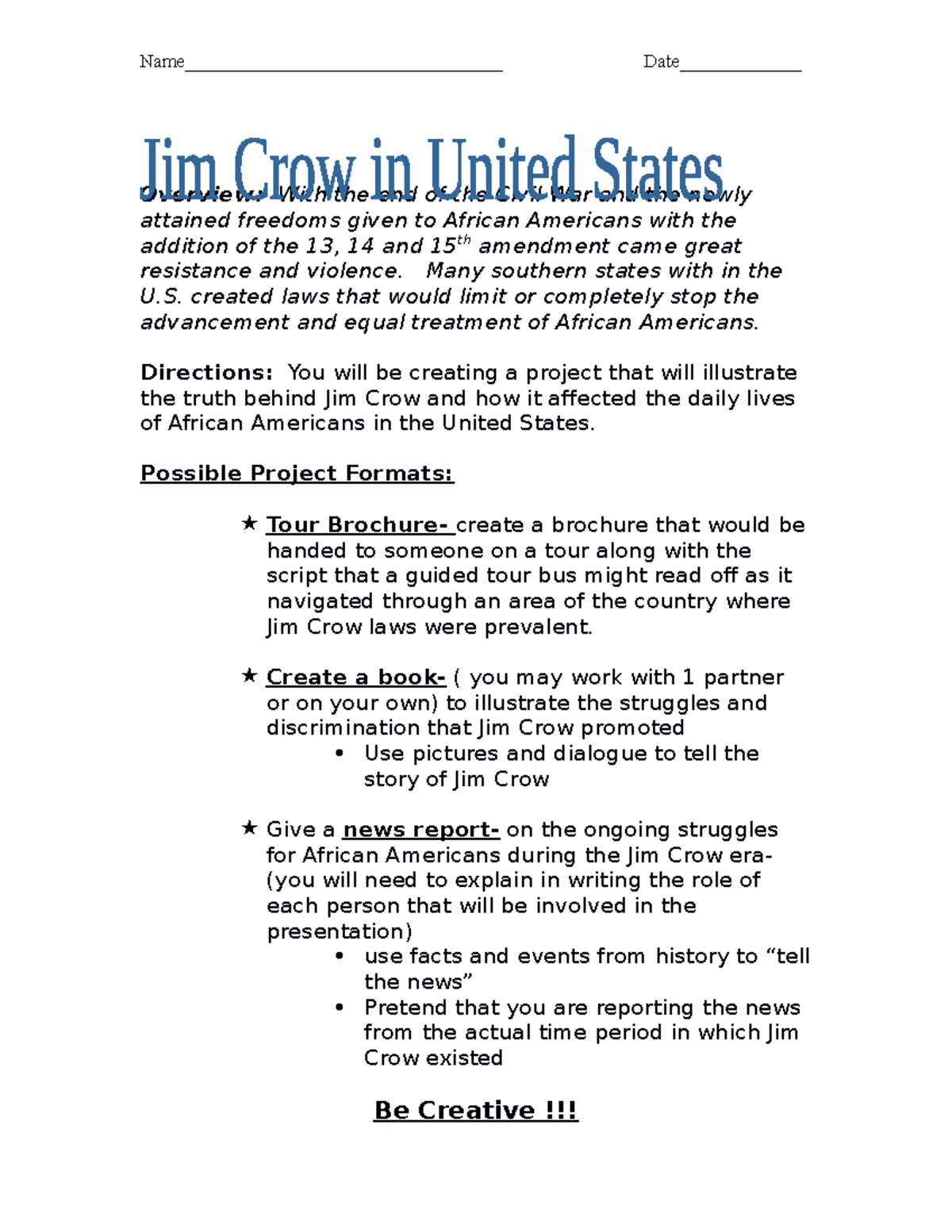Reconstruction Era Jim Crow Project-1 - Name ...