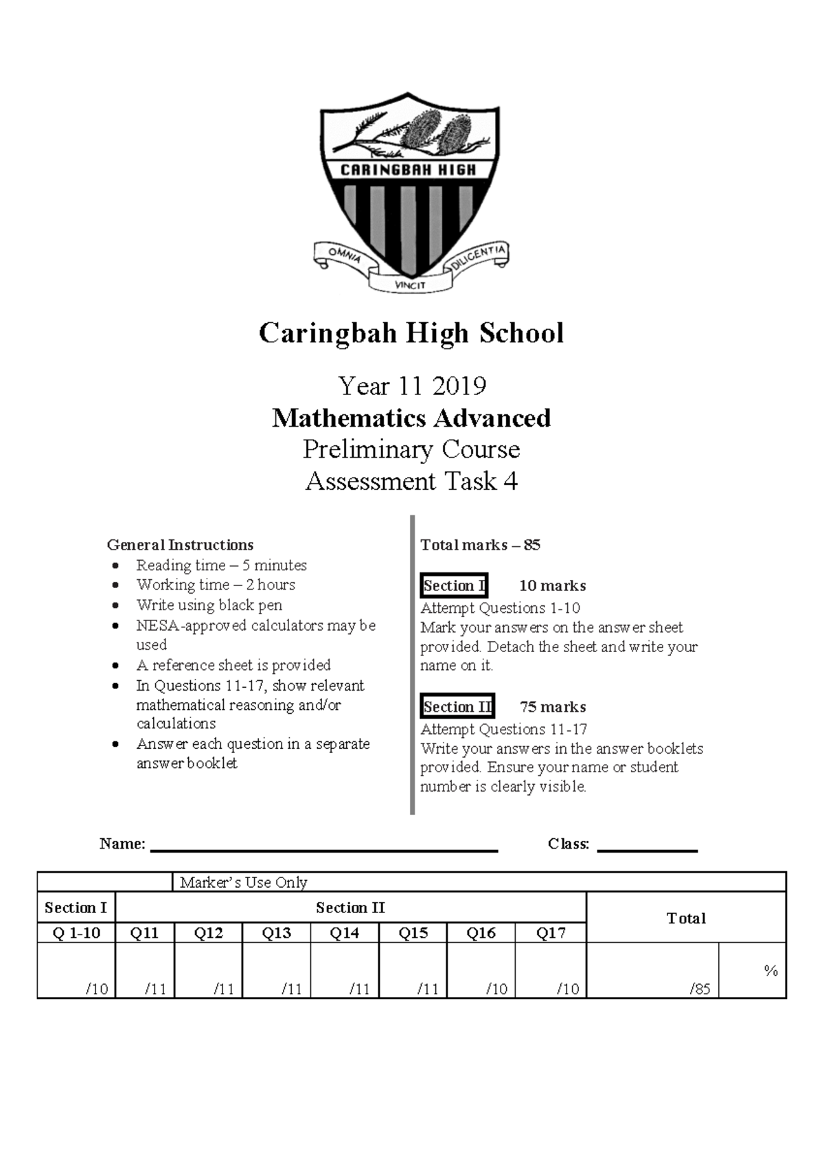 11MA Caringbah 2019 exam - Caringbah High School Year 11 2019 ...