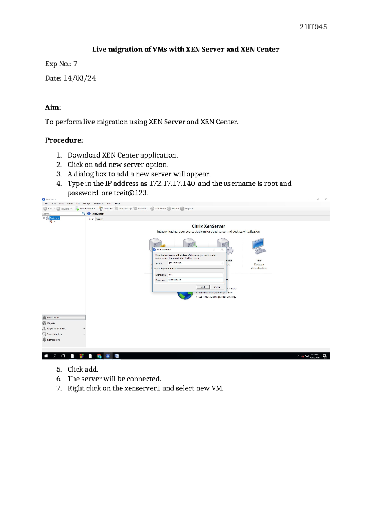 Exp 5 Xen Xenserver Live Migration Of Vms With Xen Server And Xen Center Exp No 7 Date