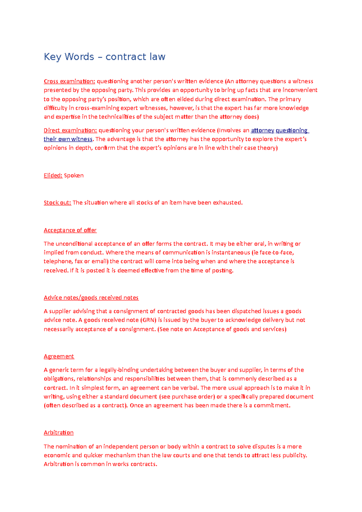 Contract Law - Key Words - Key Words – contract law Cross examination ...
