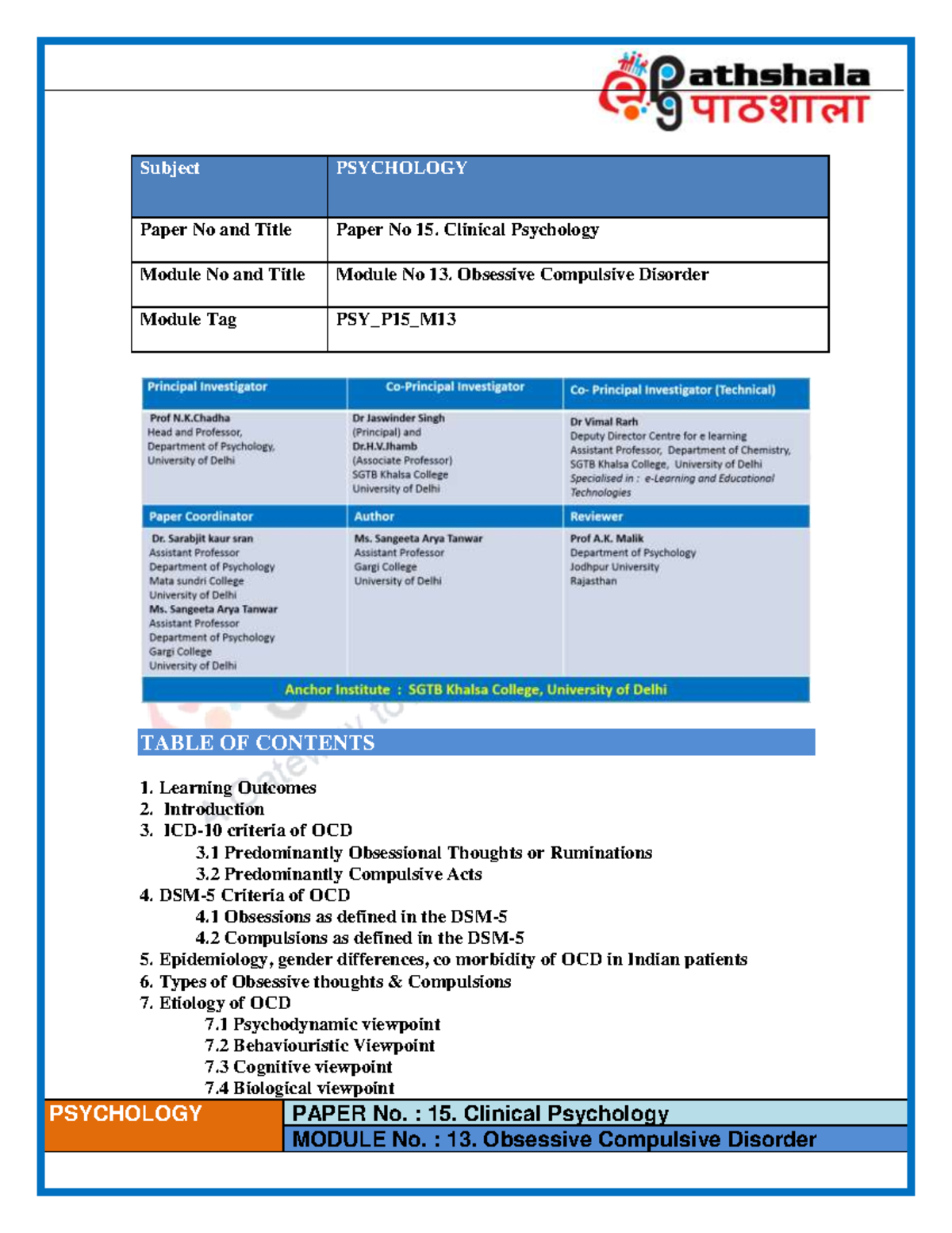 Obsessive Compulsive Disorder - PSYCHOLOGY PAPER No. : 15. Clinical ...