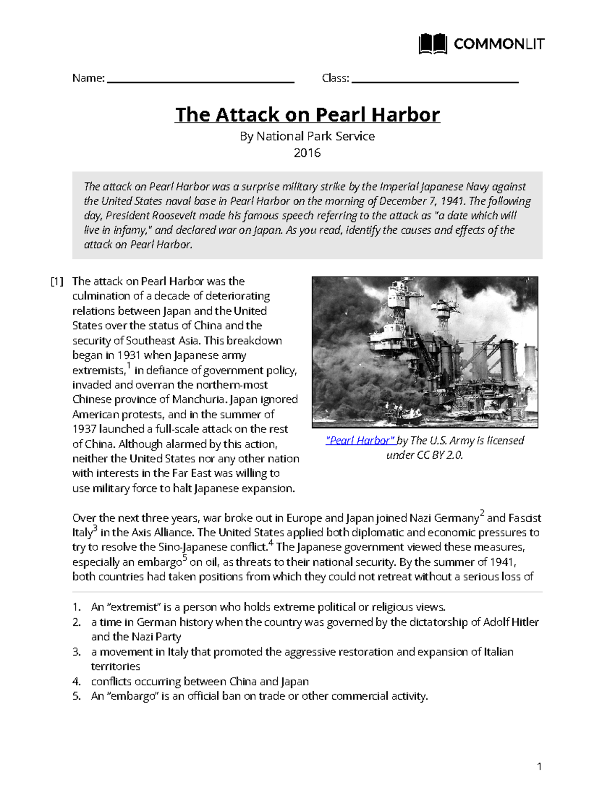 project assignment - Name: Class: "Pearl Harbor" by The U. Army is ...