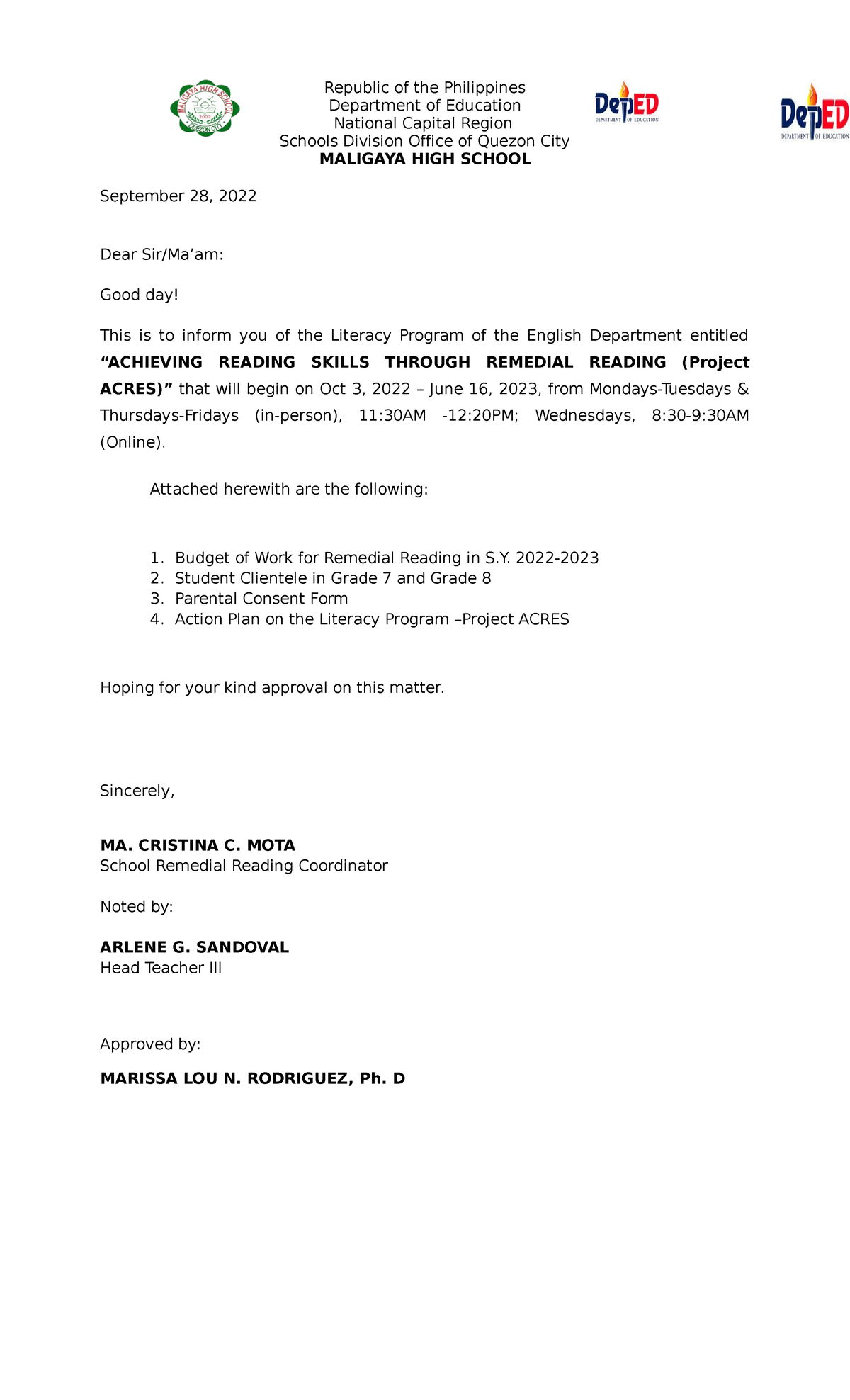 Letter-Remedial Reading - Republic of the Philippines Department of ...