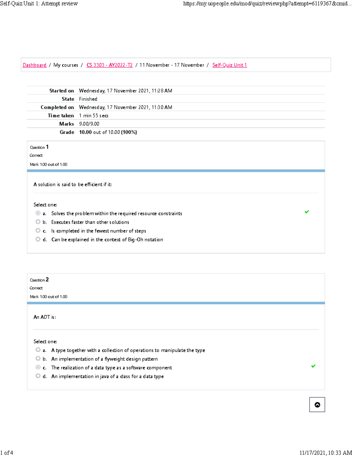 CS 3303 - Quiz1 - Started on Wednesday, 17 November 2021, 11:28 AM State Finished Completed on ...