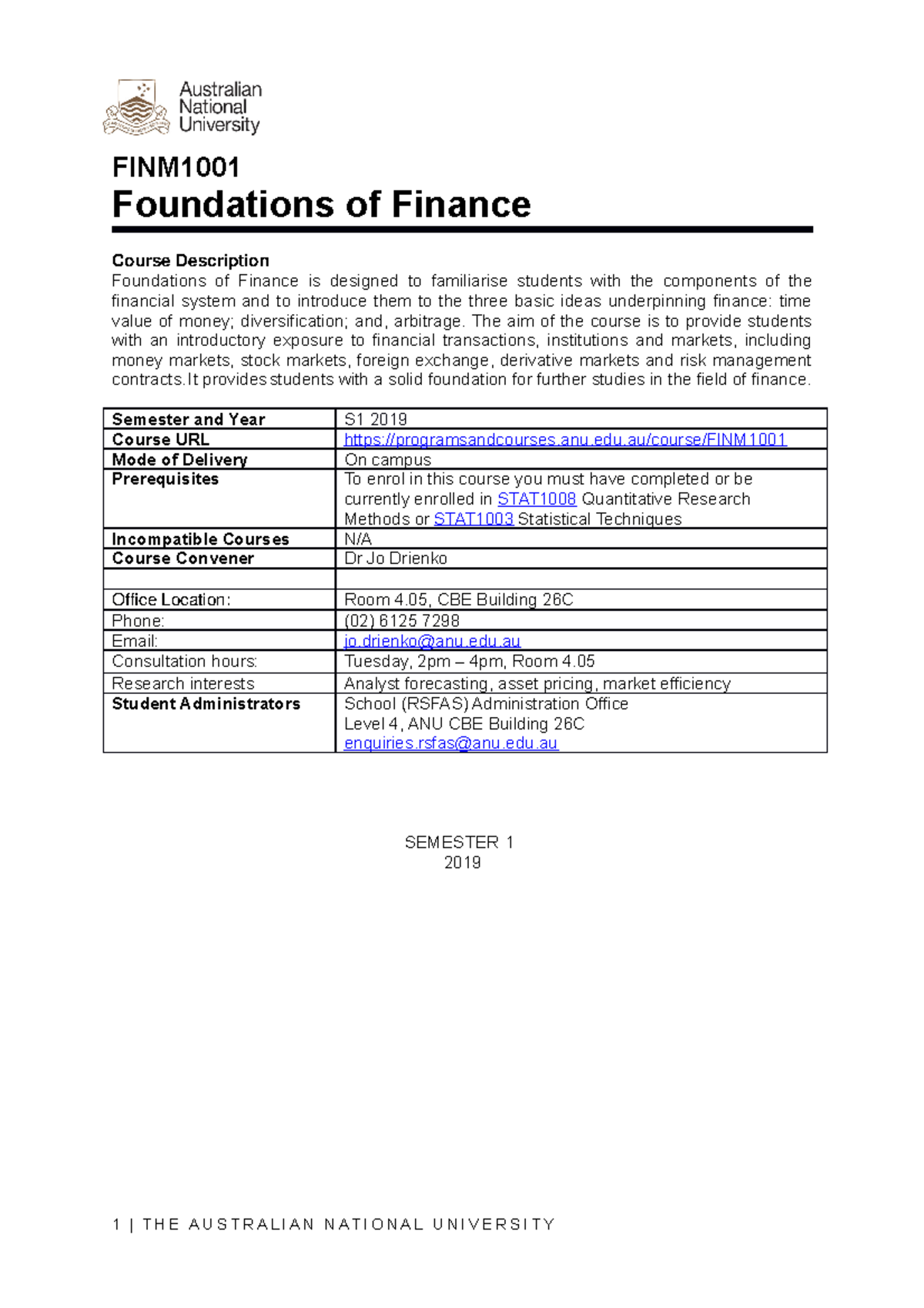 FINM1001 Course Outline - Sem 1, 2019 - FINM1001 Foundations of Finance ...