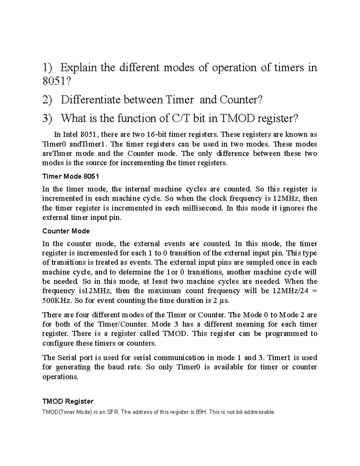 Modes Tmod Notes 1 Explain The Different Modes Of Operation Of Timers In 8051 2